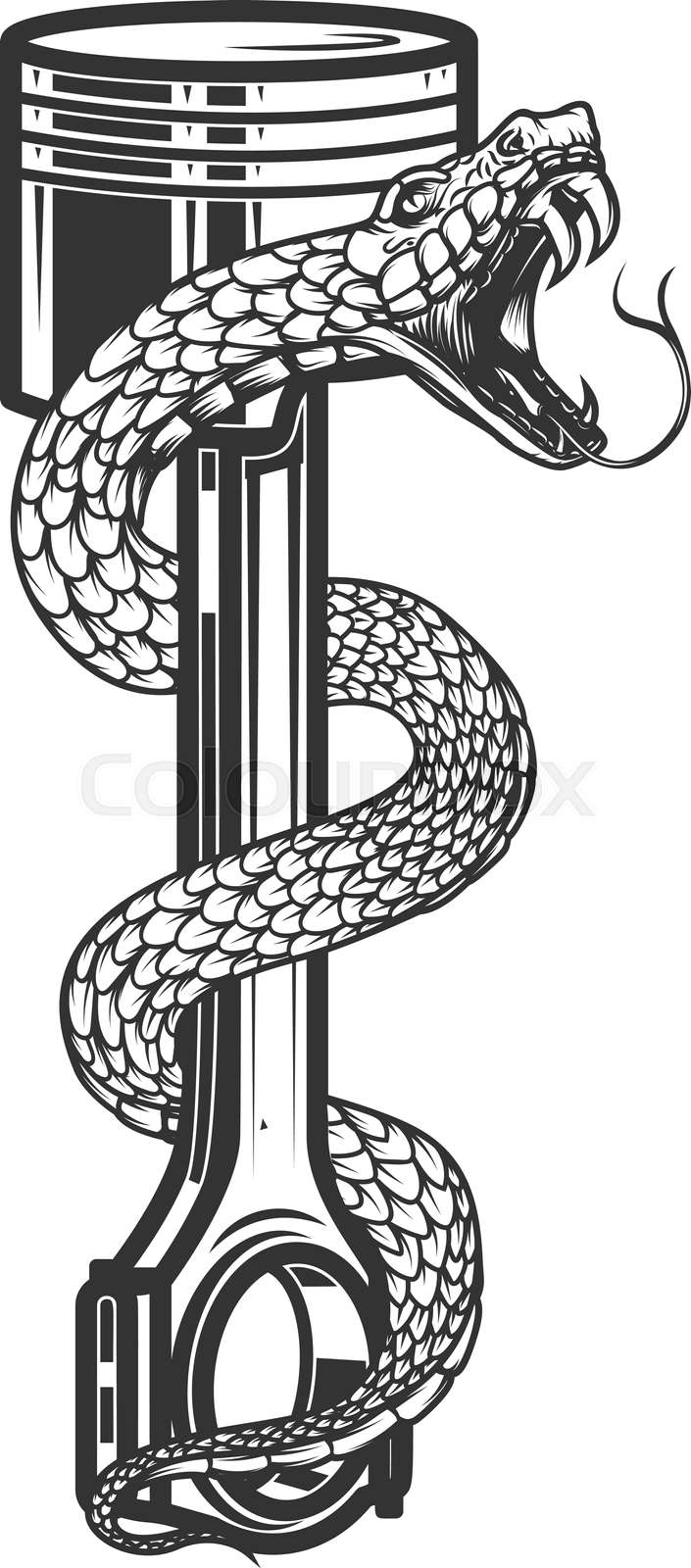 Illustrations of snake on car piston. Design element for poster, card ...