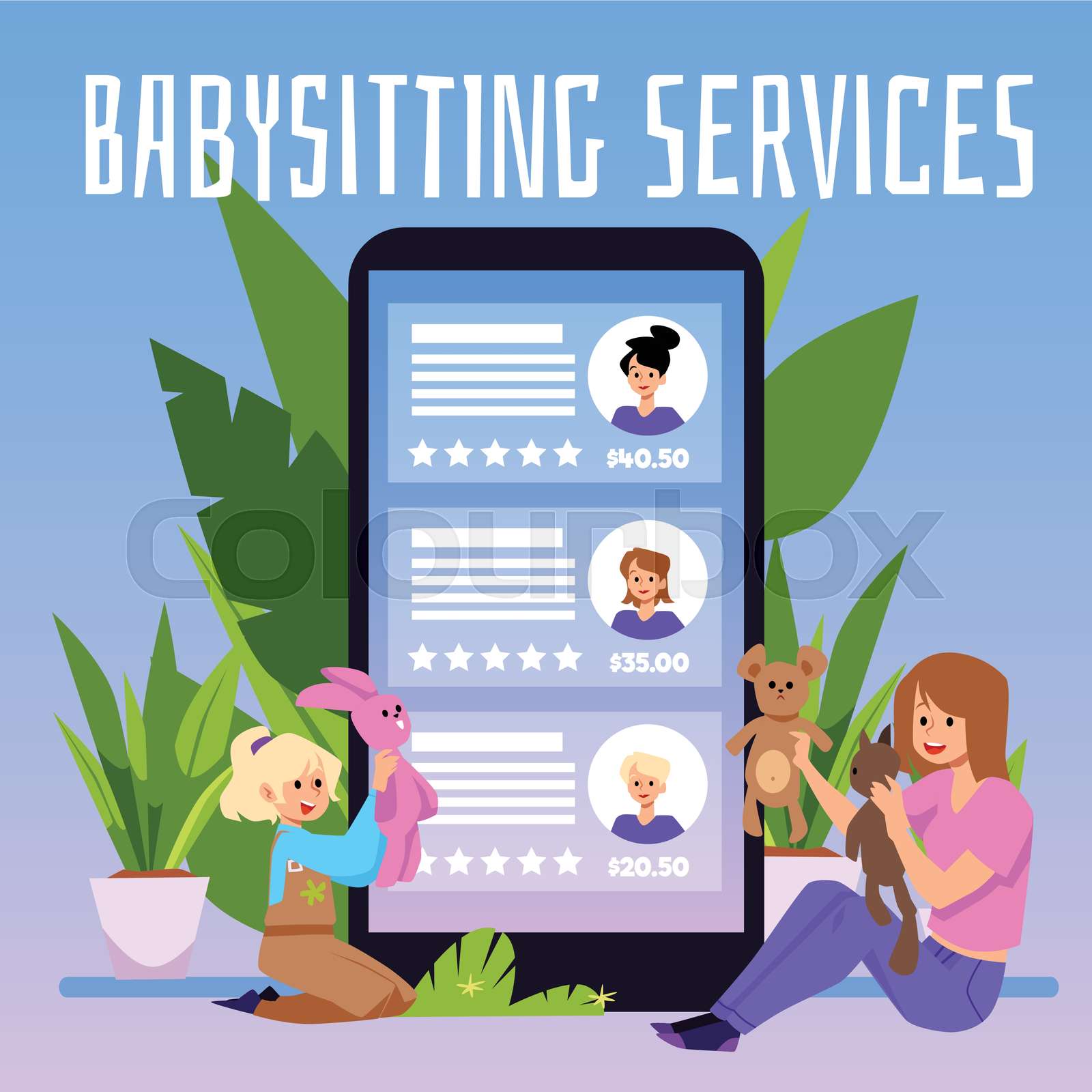 Squared banner about babysitting service flat style, vector ...