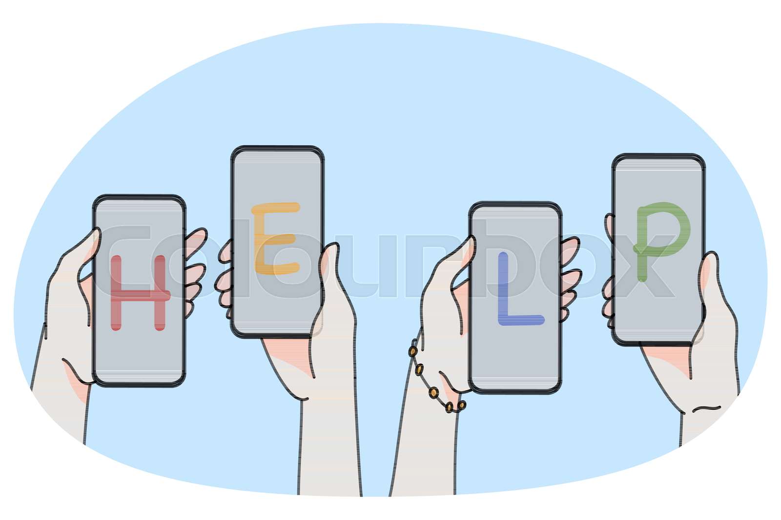 People hands with cellphones ask for help | Stock vector | Colourbox