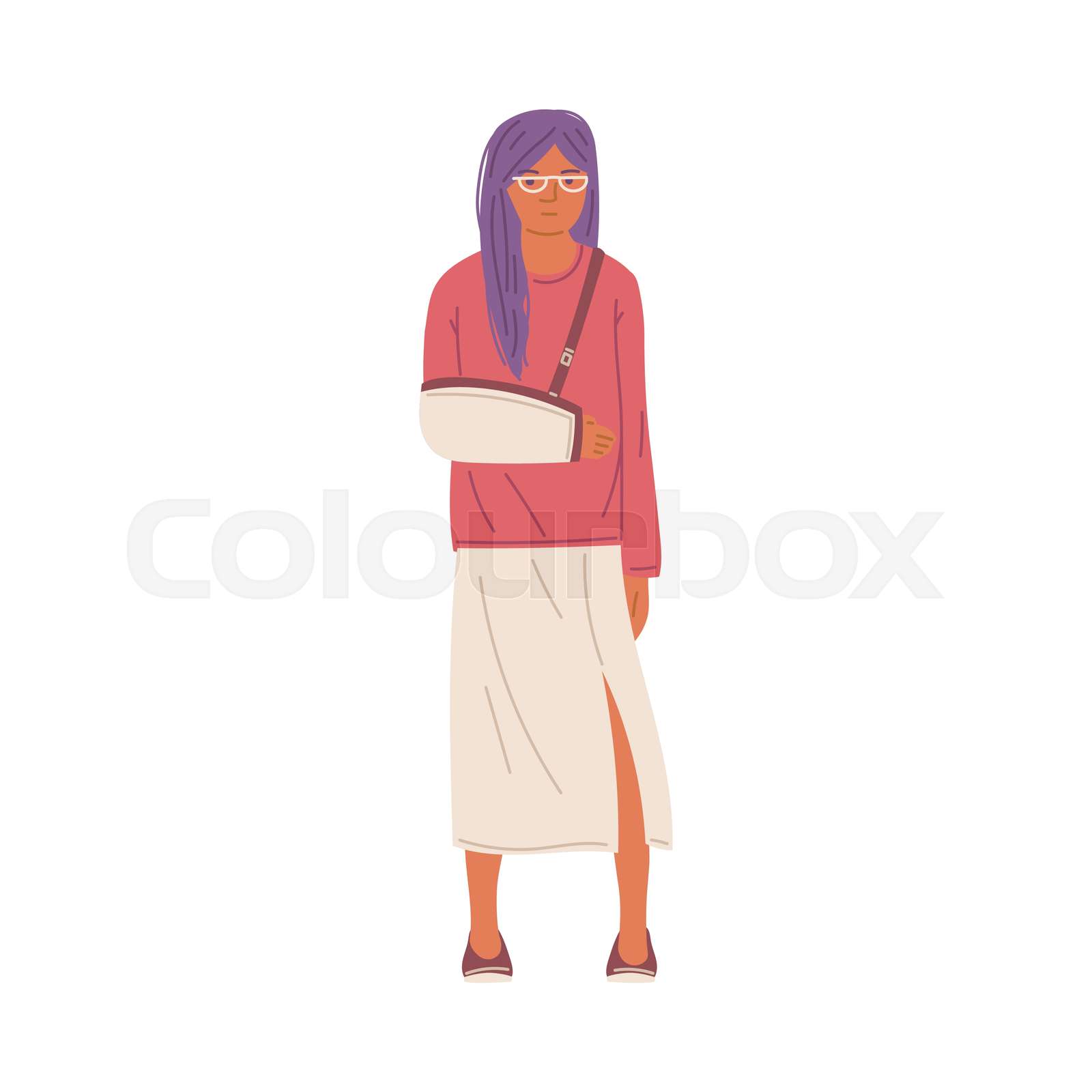 Sad injured woman with fixed arm flat style, vector illustration ...