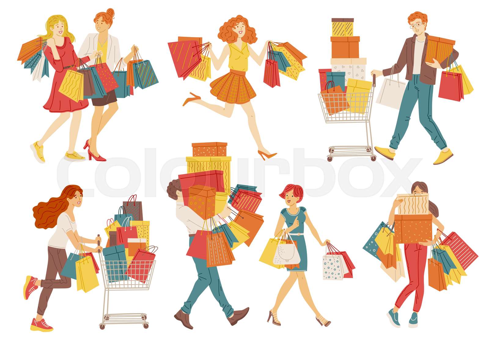 Set of characters of people making multiple purchases, flat vector ...