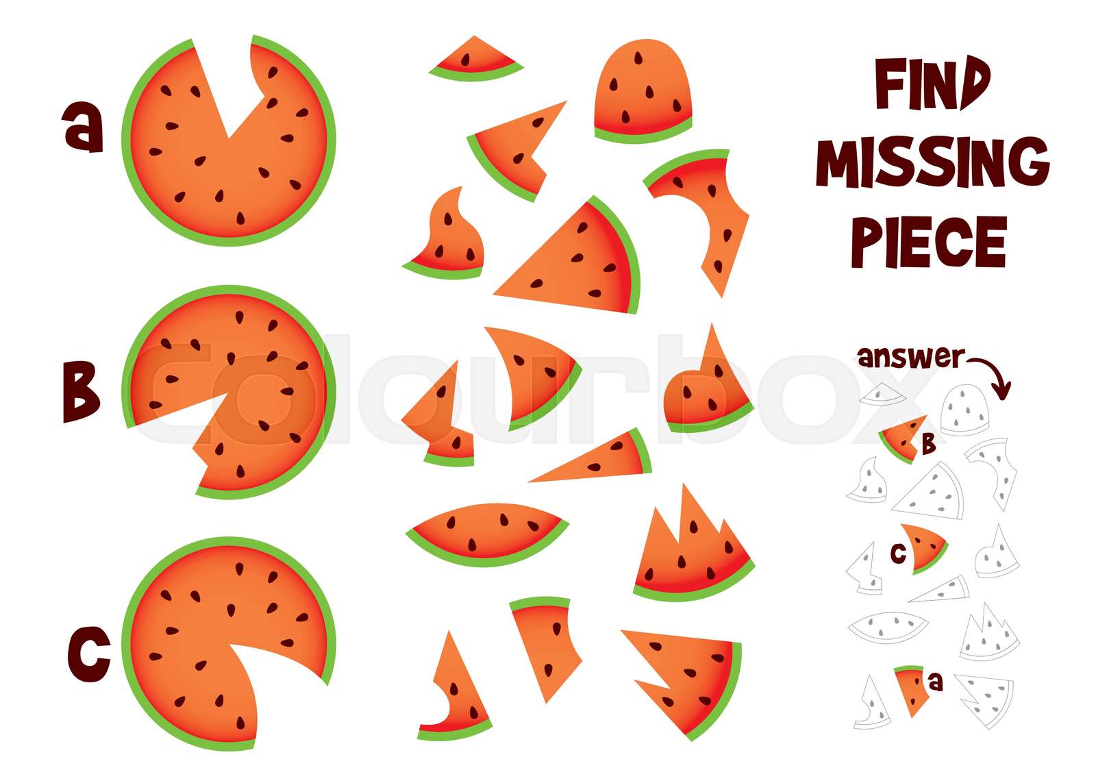 Find the missing piece of watermelon. Puzzle Hidden Items. Matching ...