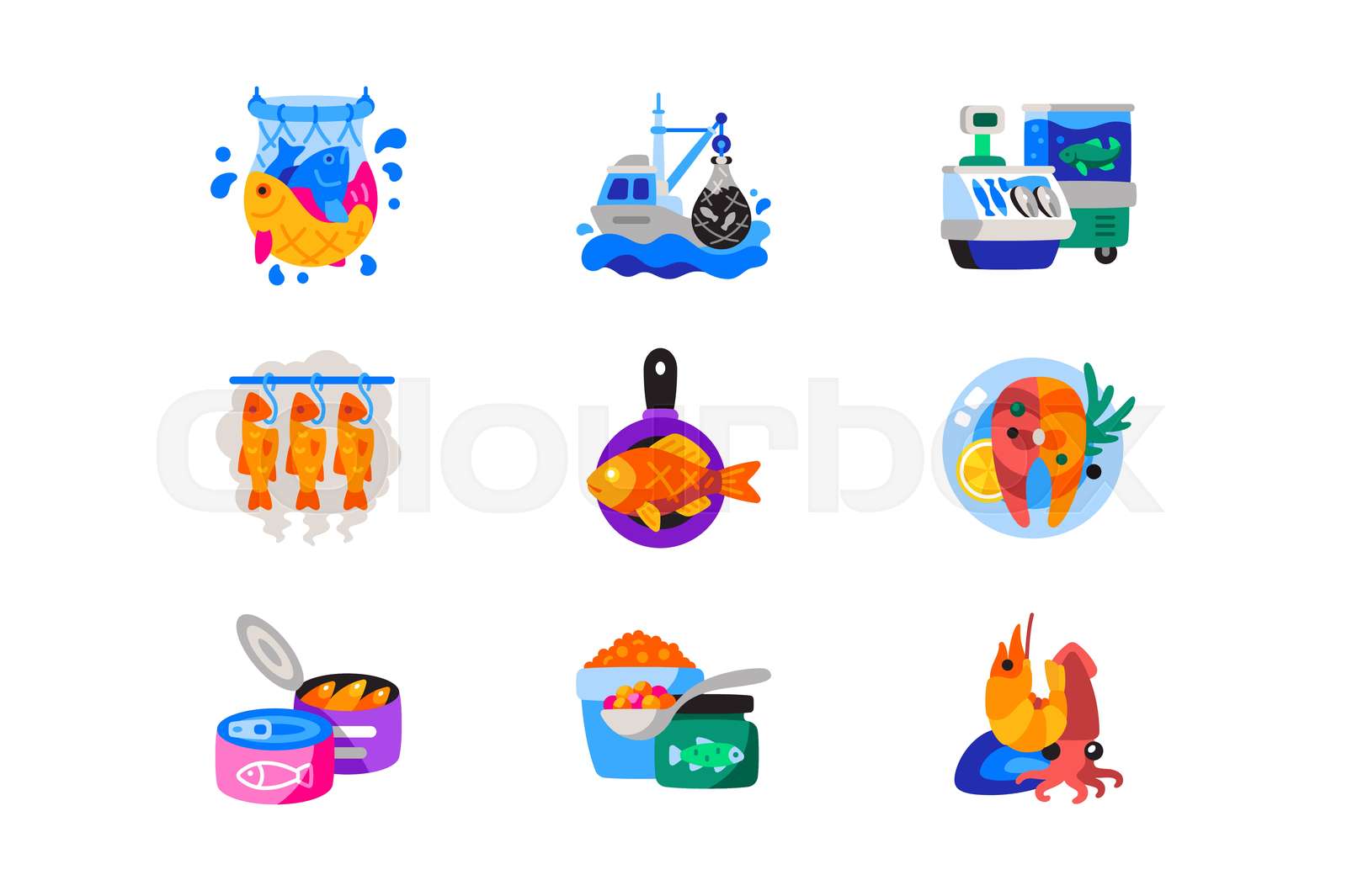 Fish production and use, vector icons | Stock vector | Colourbox