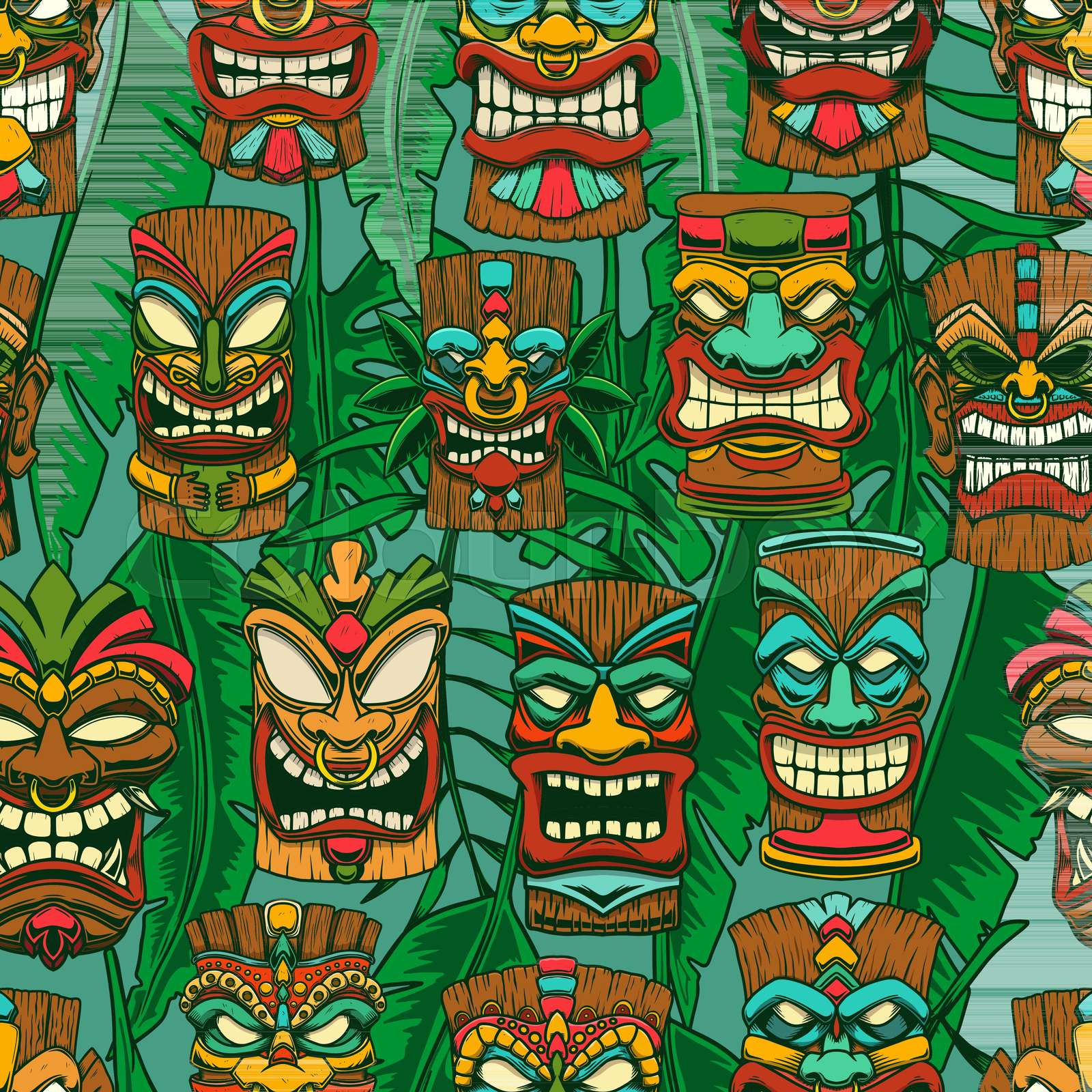 Seamless pattern with tiki idols and palm leaves. Design element for ...