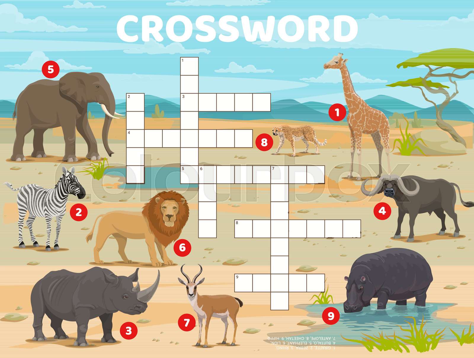 Crossword quiz game with african savannah animals | Stock vector ...