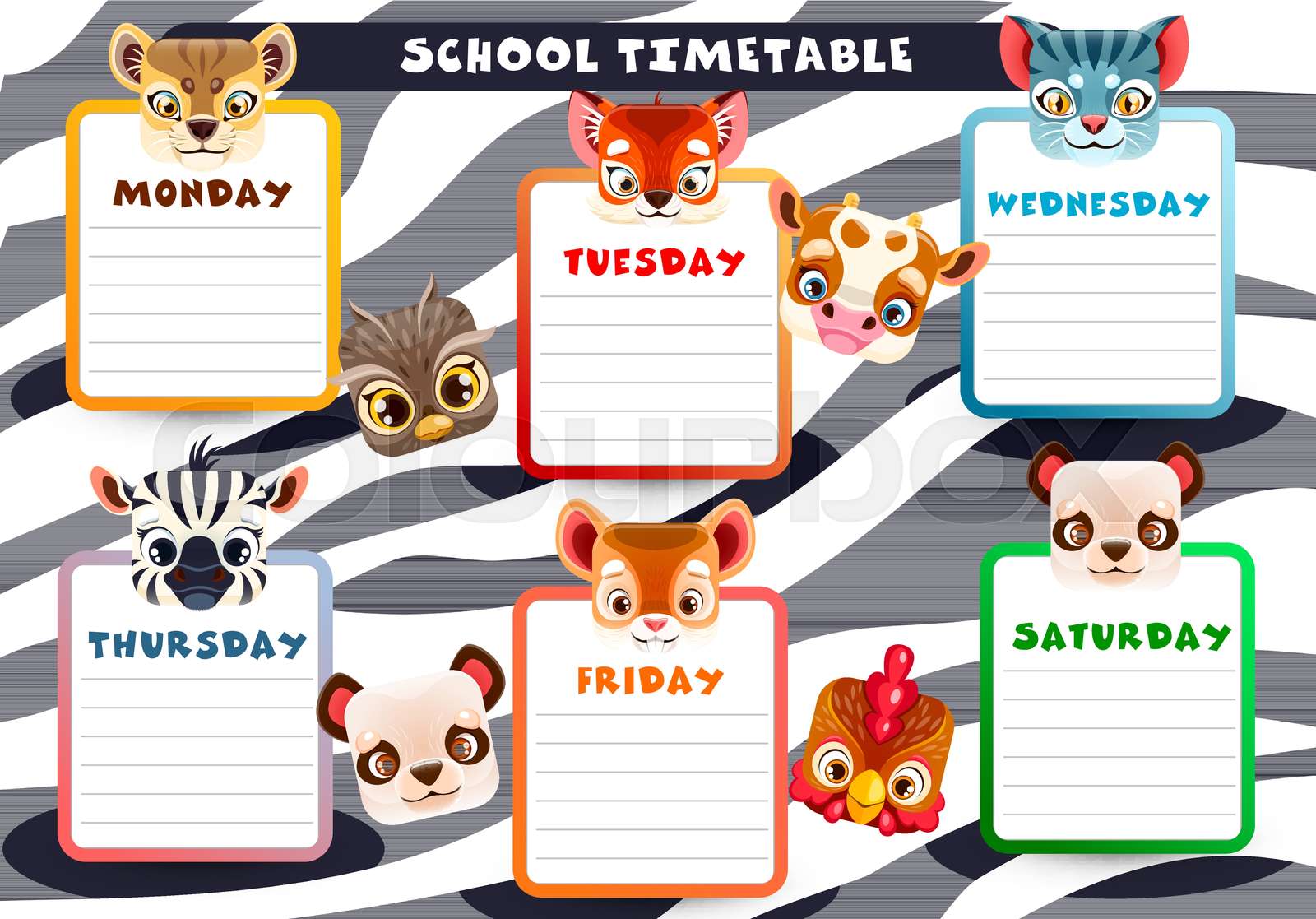 Education timetable with square animal faces | Stock vector | Colourbox