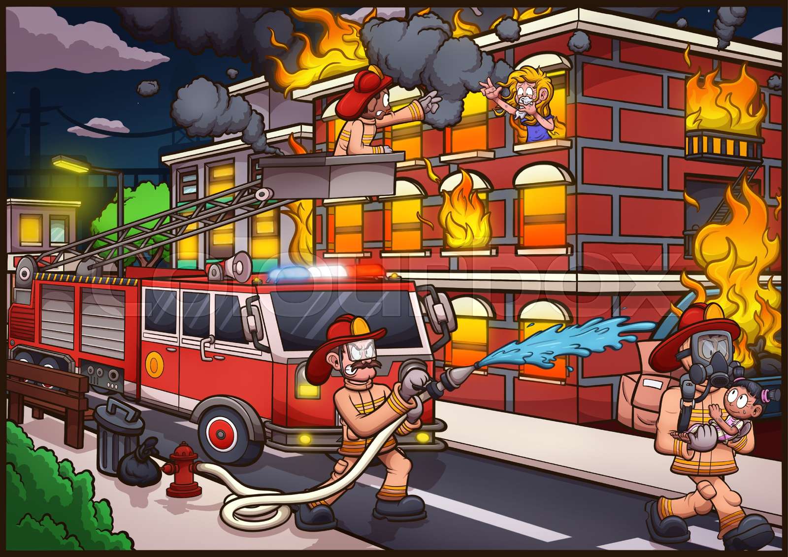 Cartoon Firefighters Saving People Background. Vector clip art ...