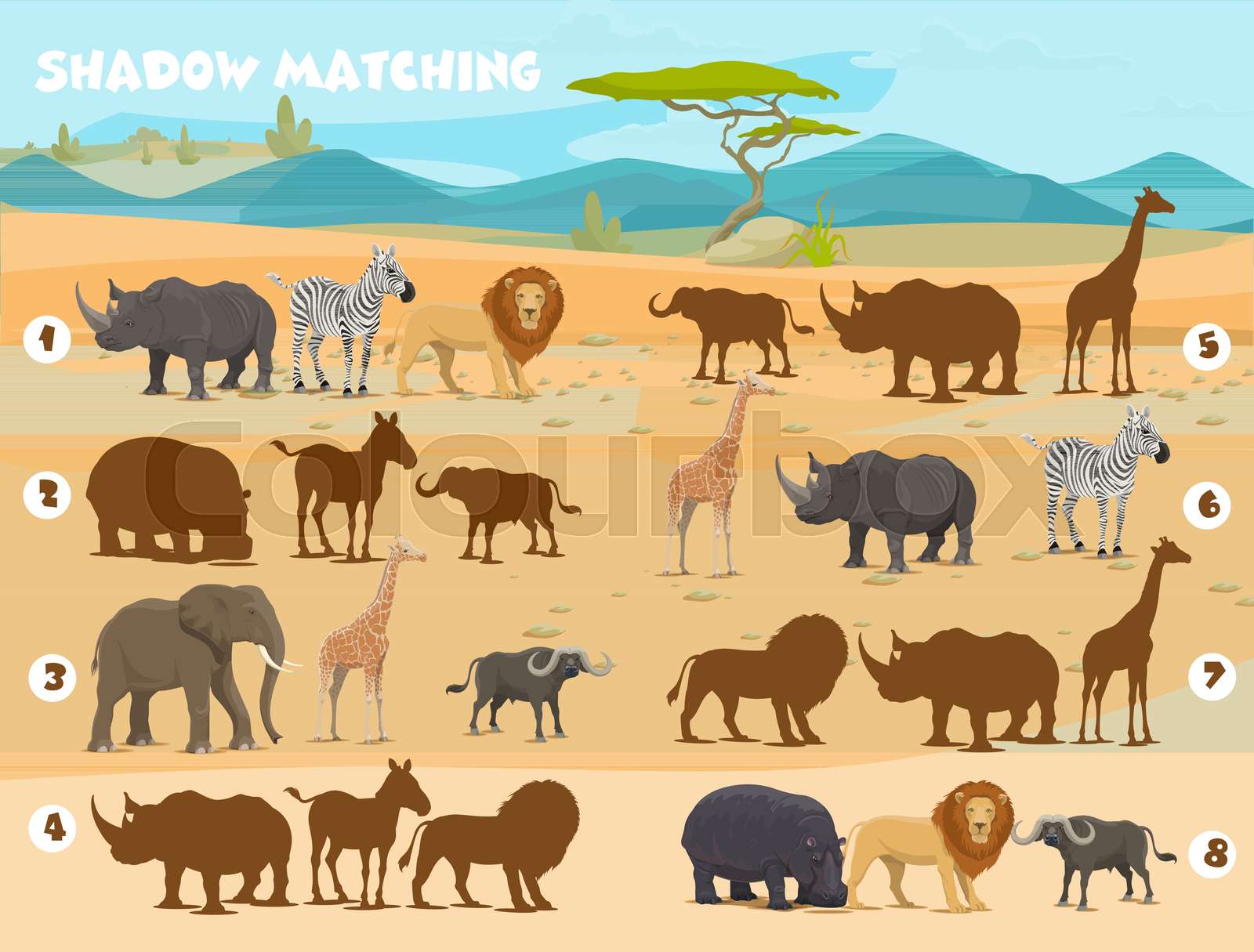 Shadow matching game with african savannah animals | Stock vector ...
