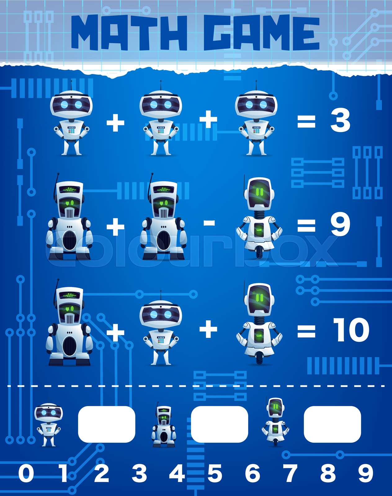 Math game worksheet with cartoon robot characters | Stock vector ...