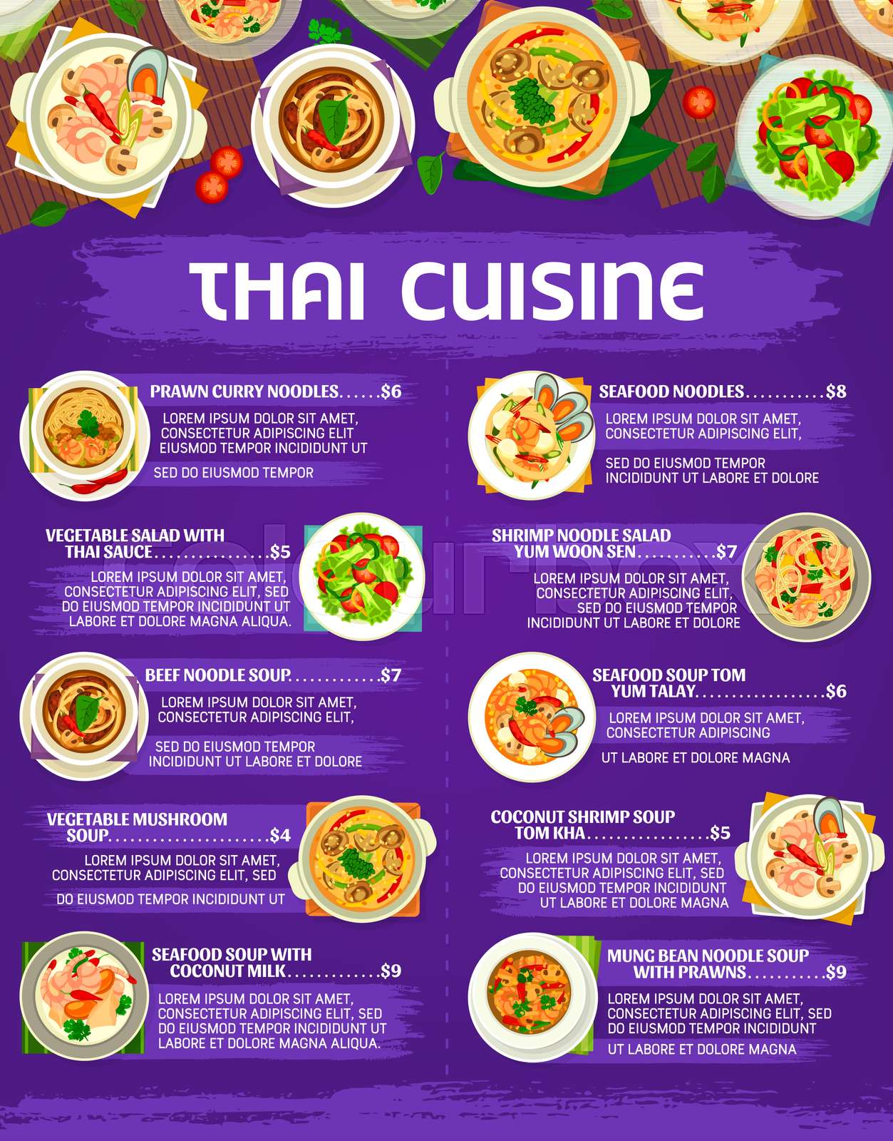 Thai Cuisine Menu Thailand Dishes Noodles Soups Stock Vector