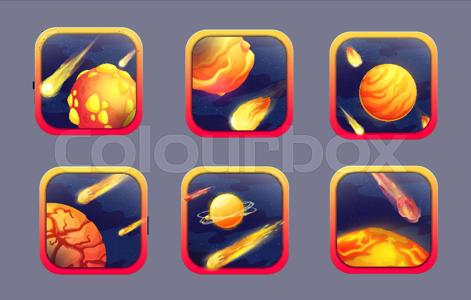 Cartoon space game app icons with orange planets | Stock vector | Colourbox