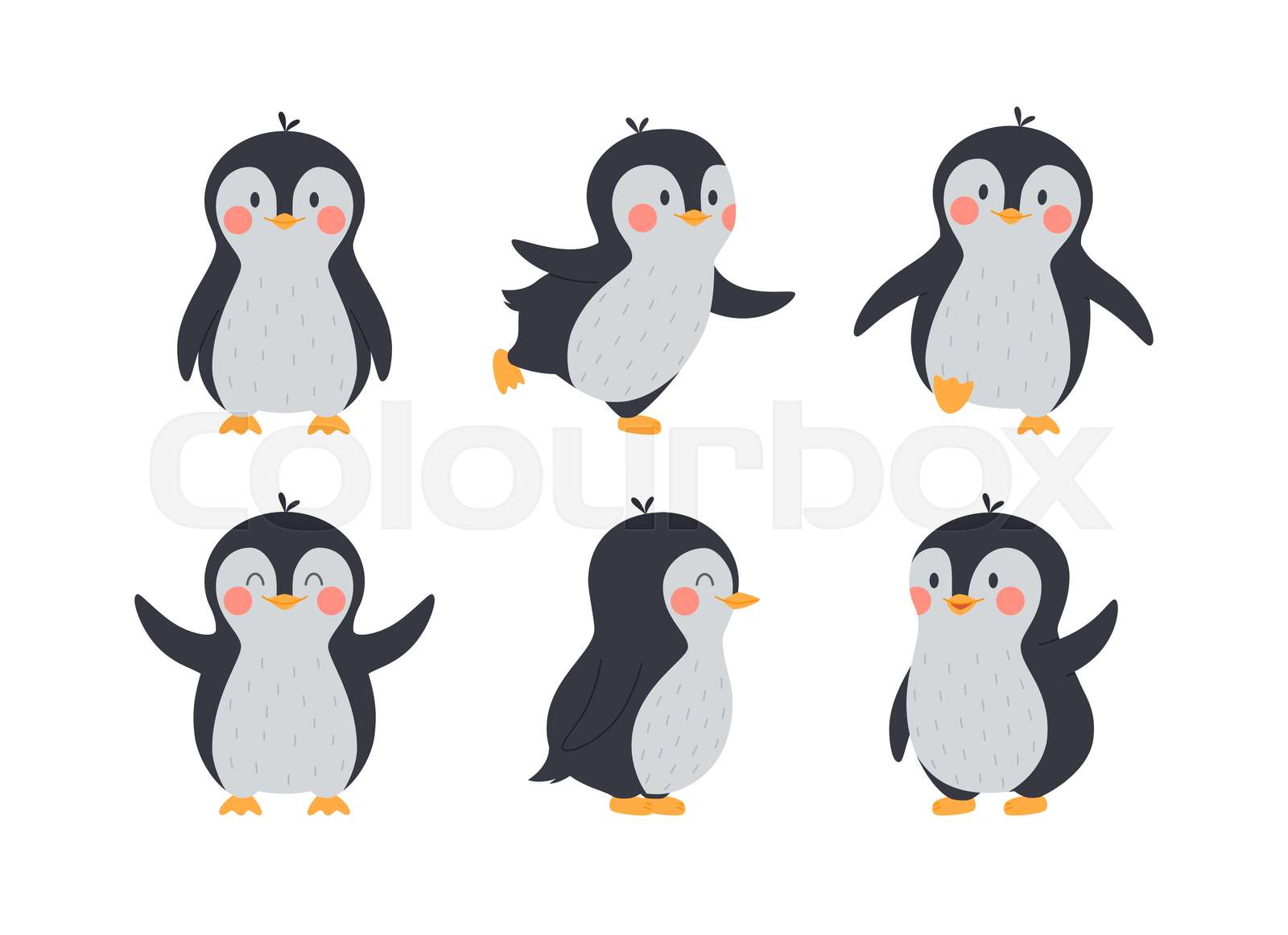 Cute comic penguins set of cartoon characters flat vector illustration ...
