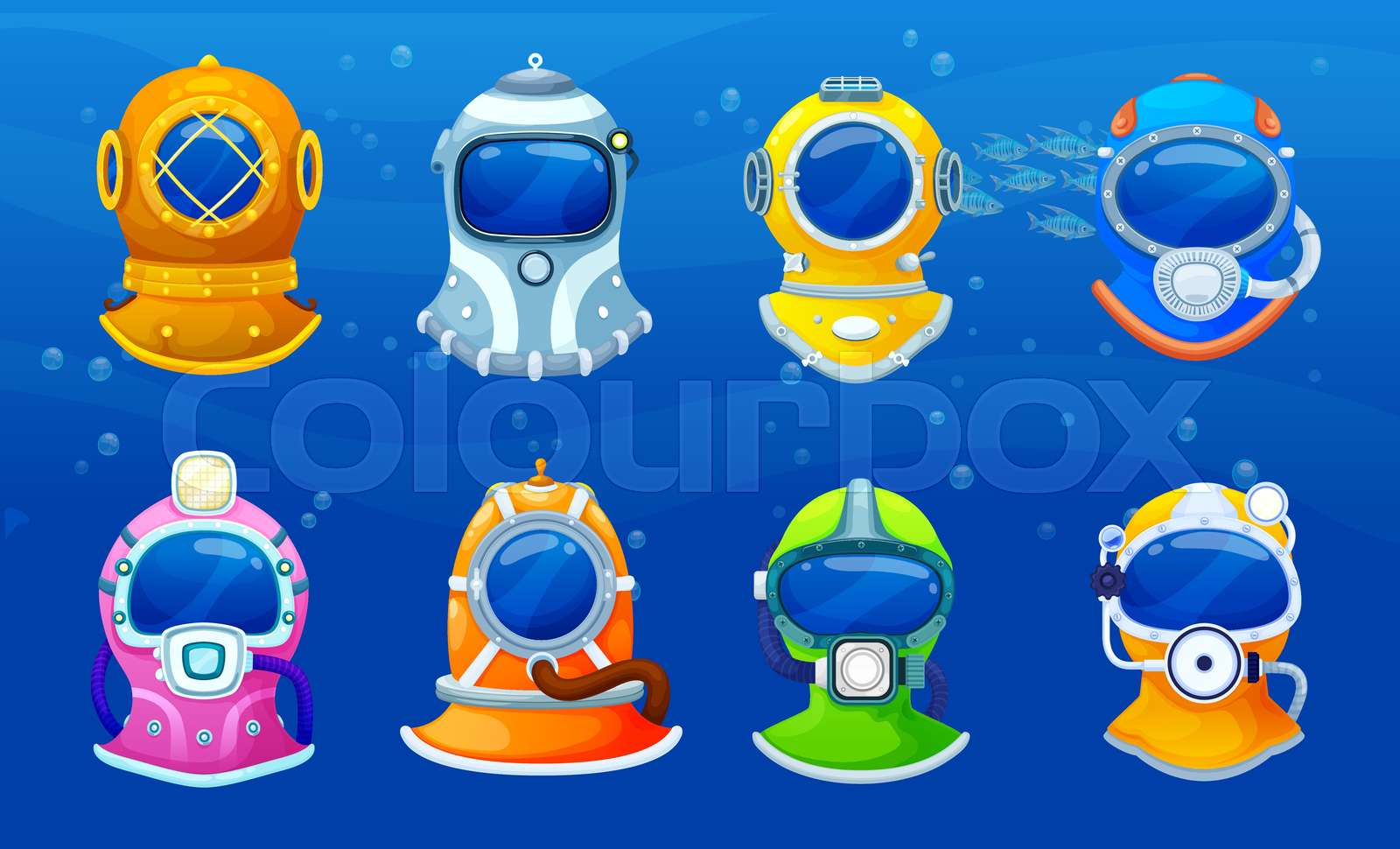 Cartoon diver helmets or underwater aqualung masks | Stock vector ...