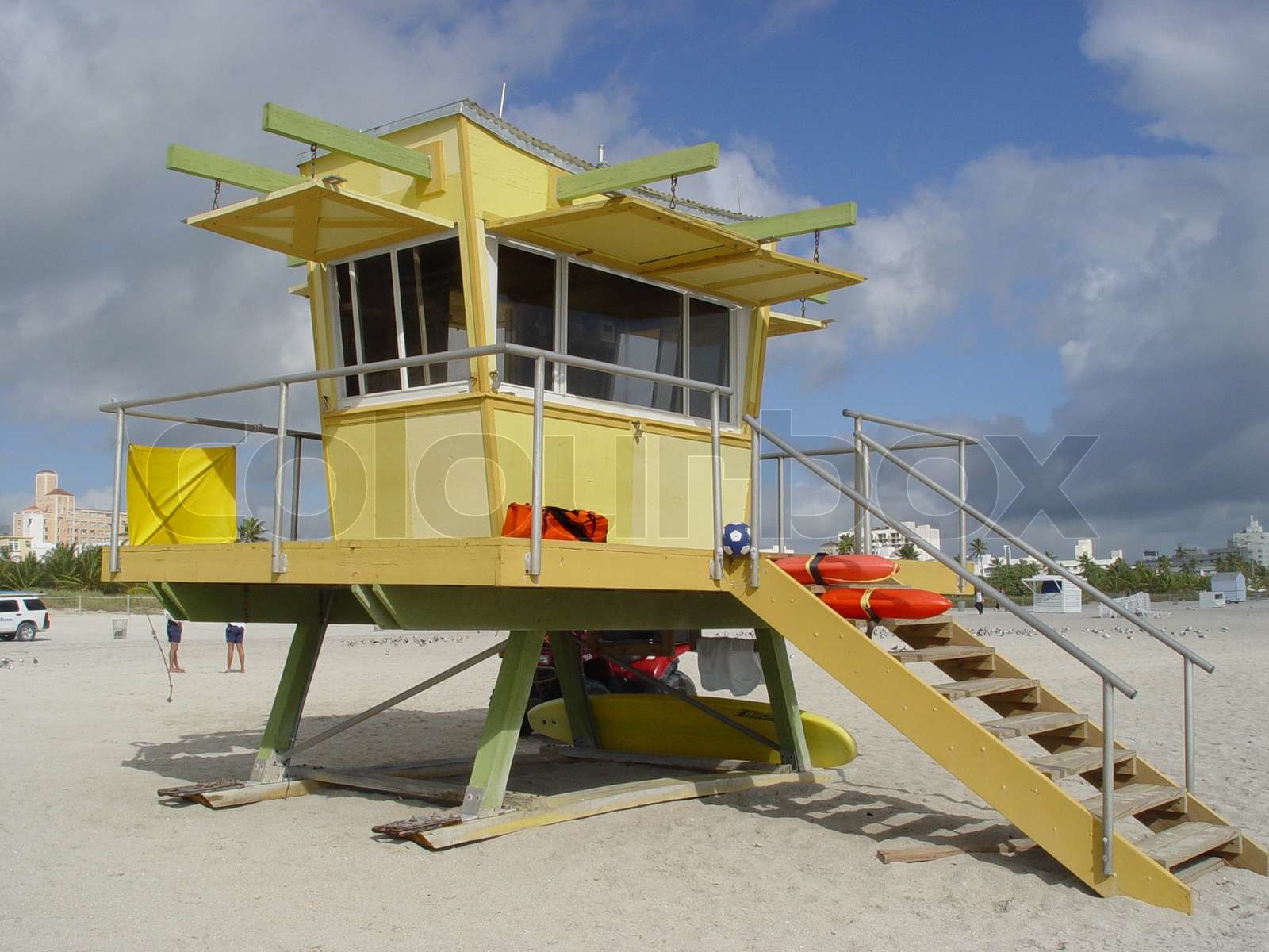 Yellow lifeguard hut with stairs on beach in Miami | Stock image ...