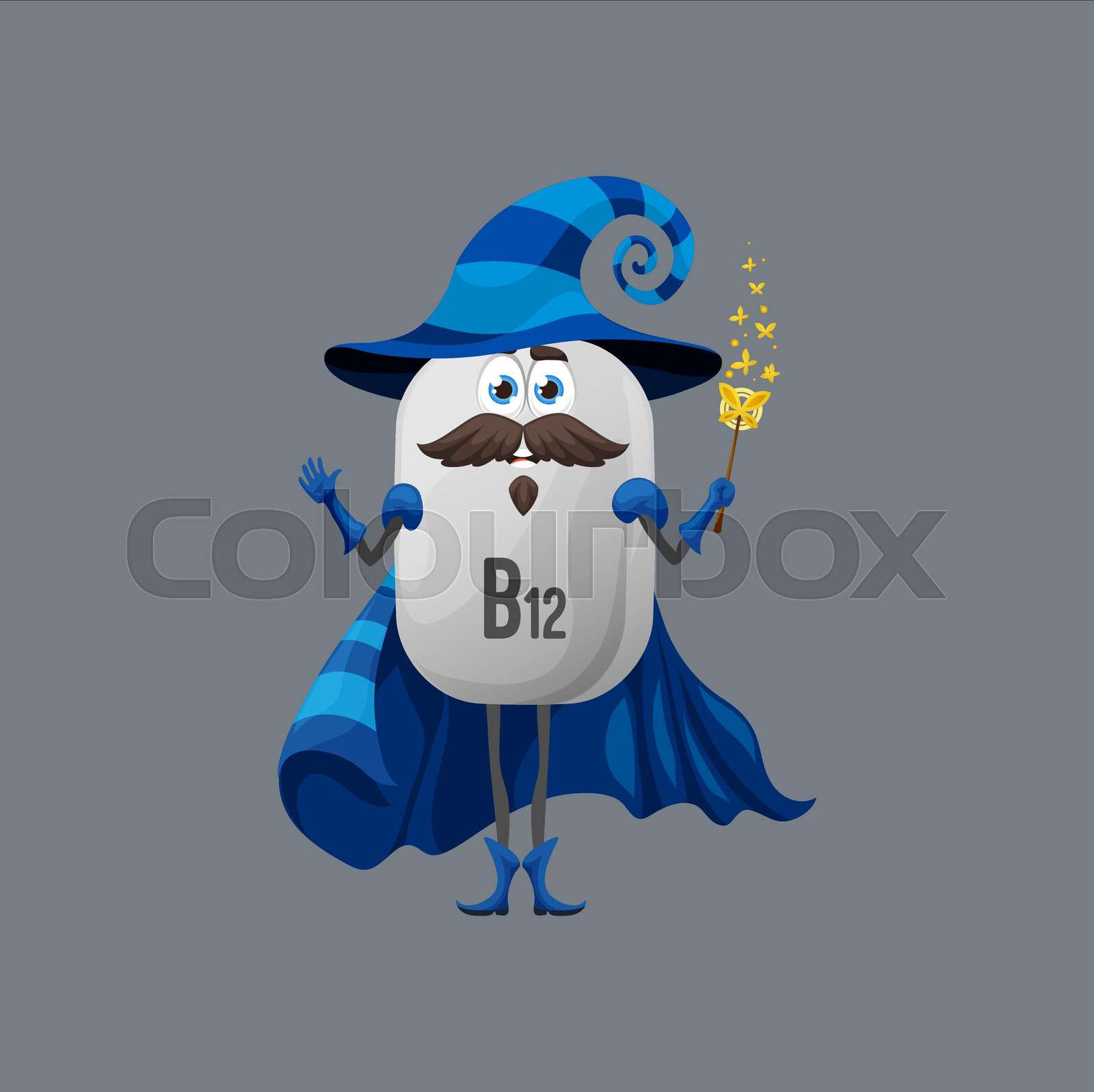 Cartoon vitamin B12 magician character with wand | Stock vector | Colourbox