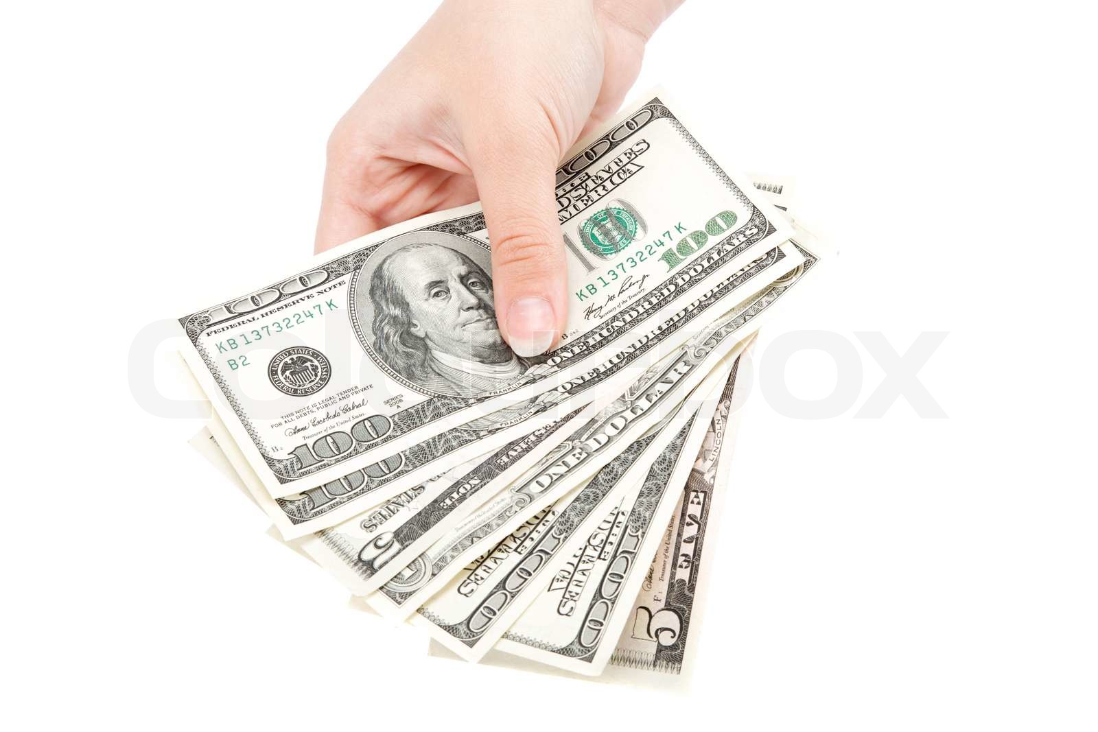 Kvinde hånd med penge isoleret på en hvid baggrund dollarsedler | Stock ...