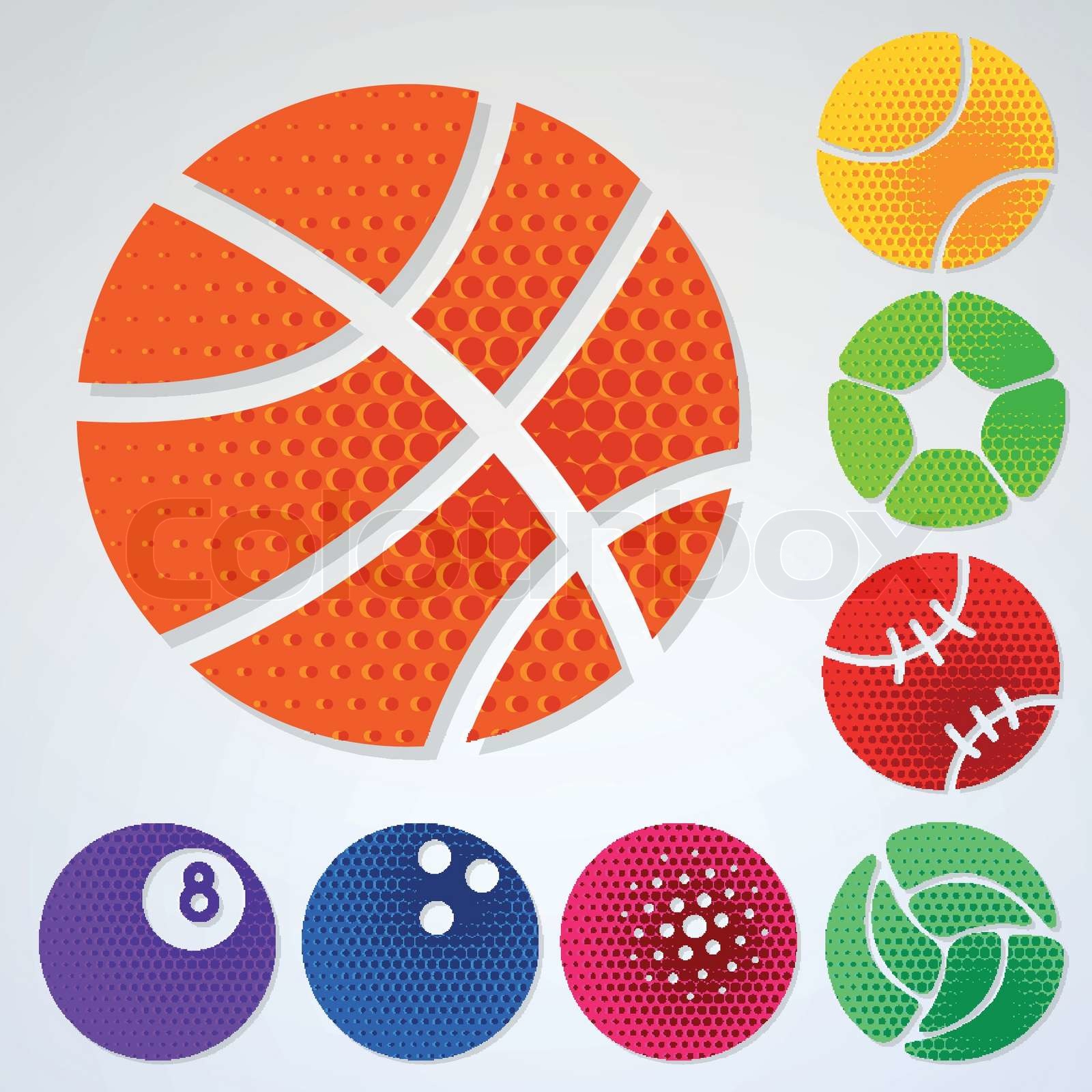 Set of eight different sport ball emblems with halftone texture | Stock ...