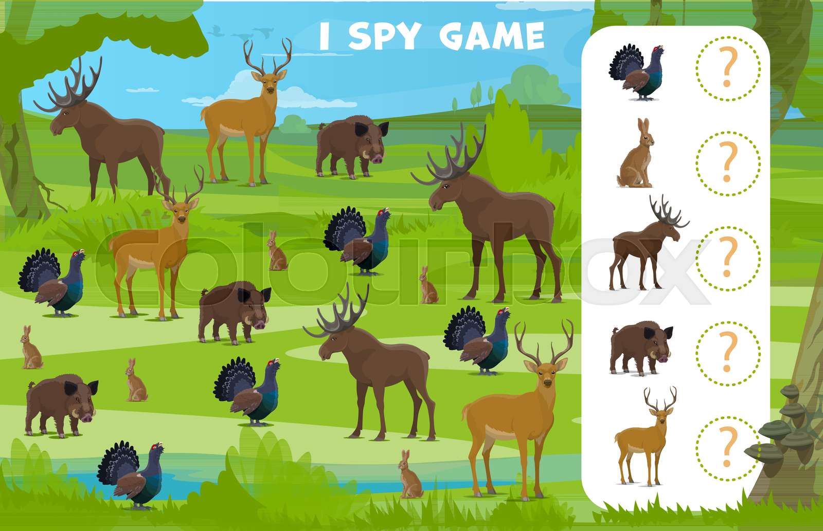 I spy game forest hunting animals, kids worksheet | Stock vector ...