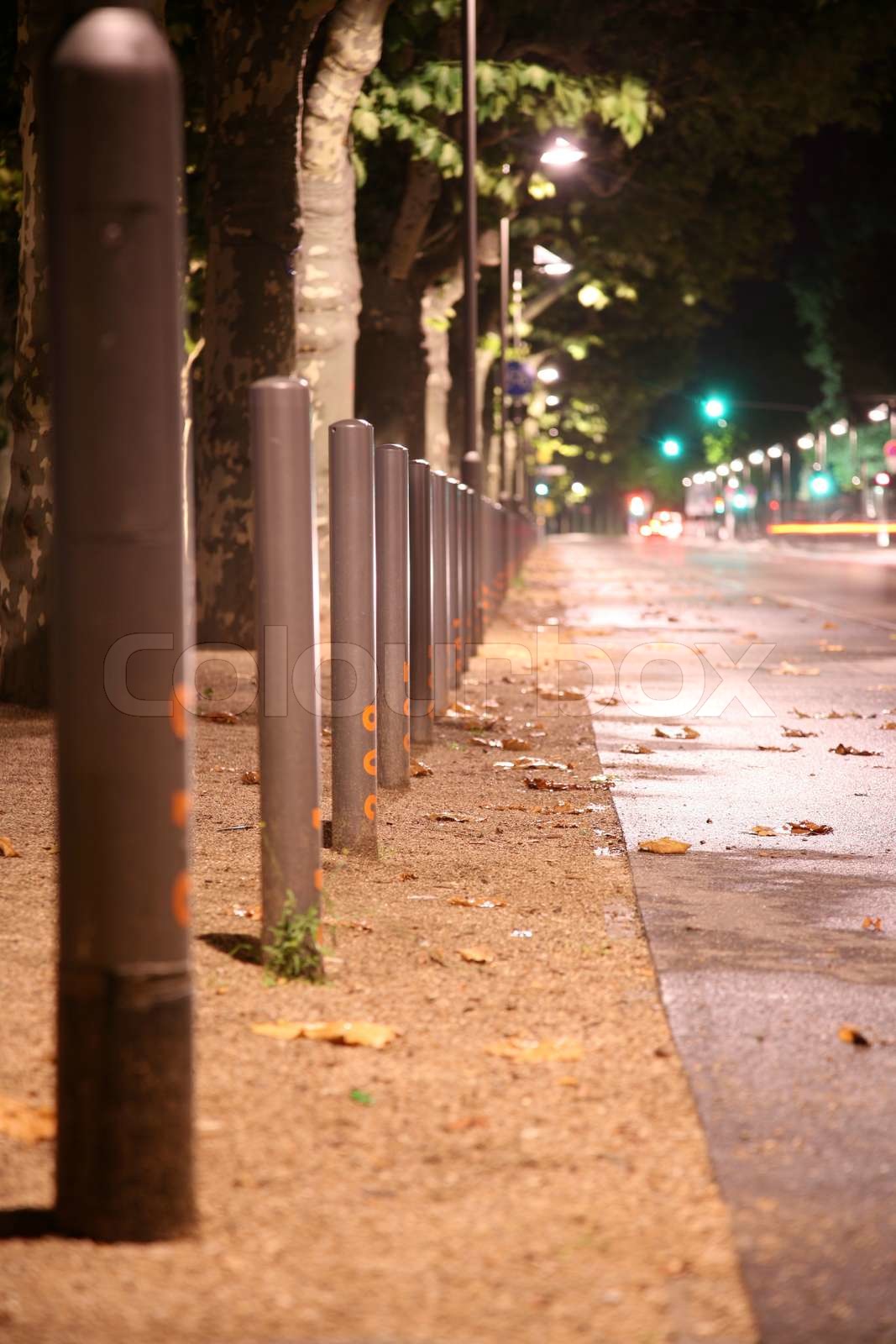 Poles along street at night | Stock image | Colourbox