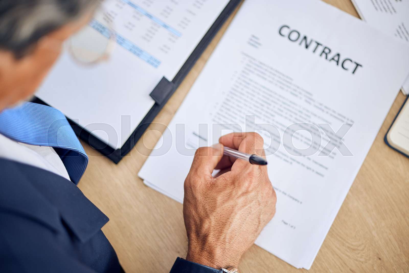 Legal, contract and signature with businessman hand, pen and lawyer ...