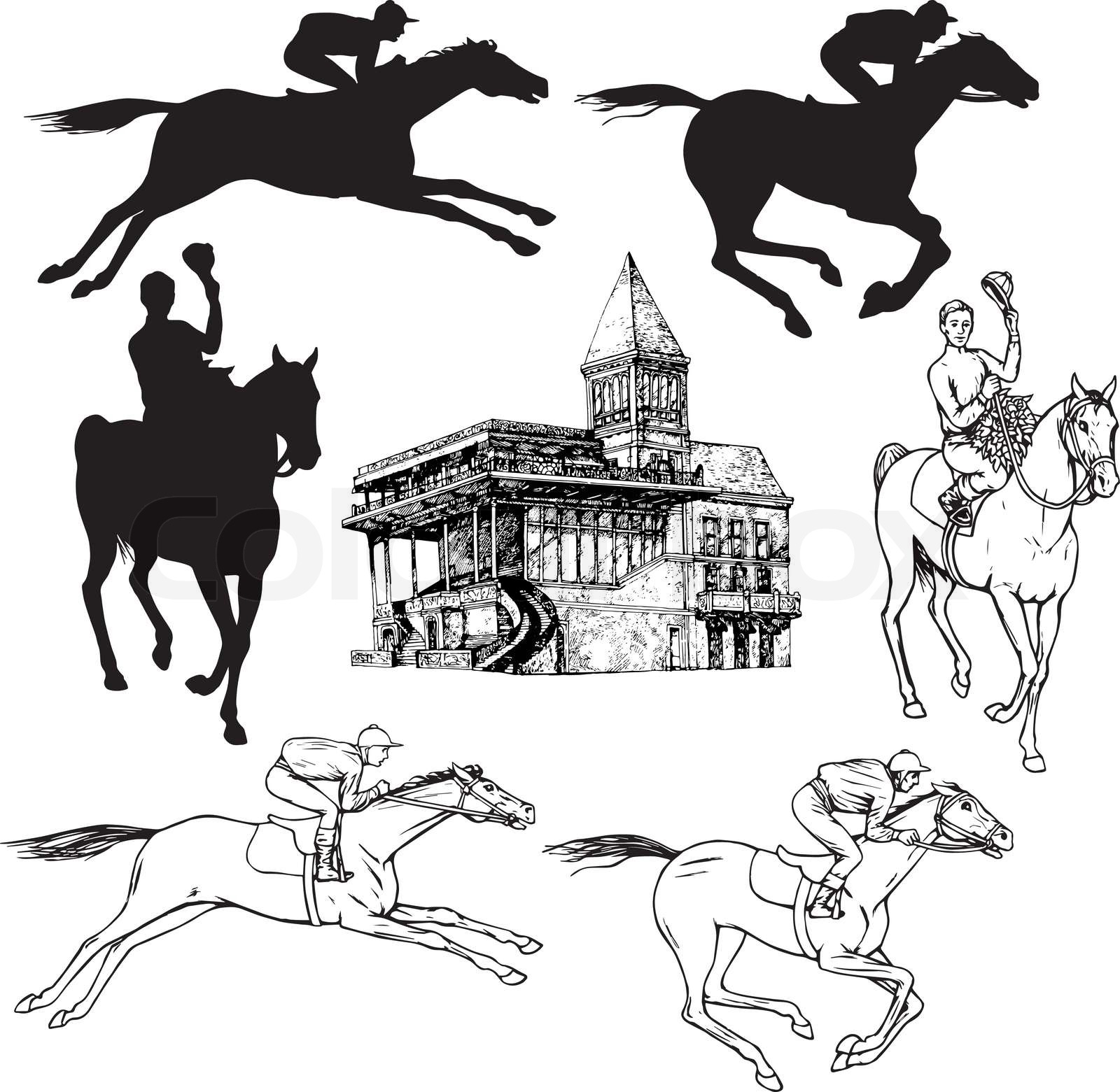 Silhouettes and graphic sketches of horses and jockeys, vintage style ...