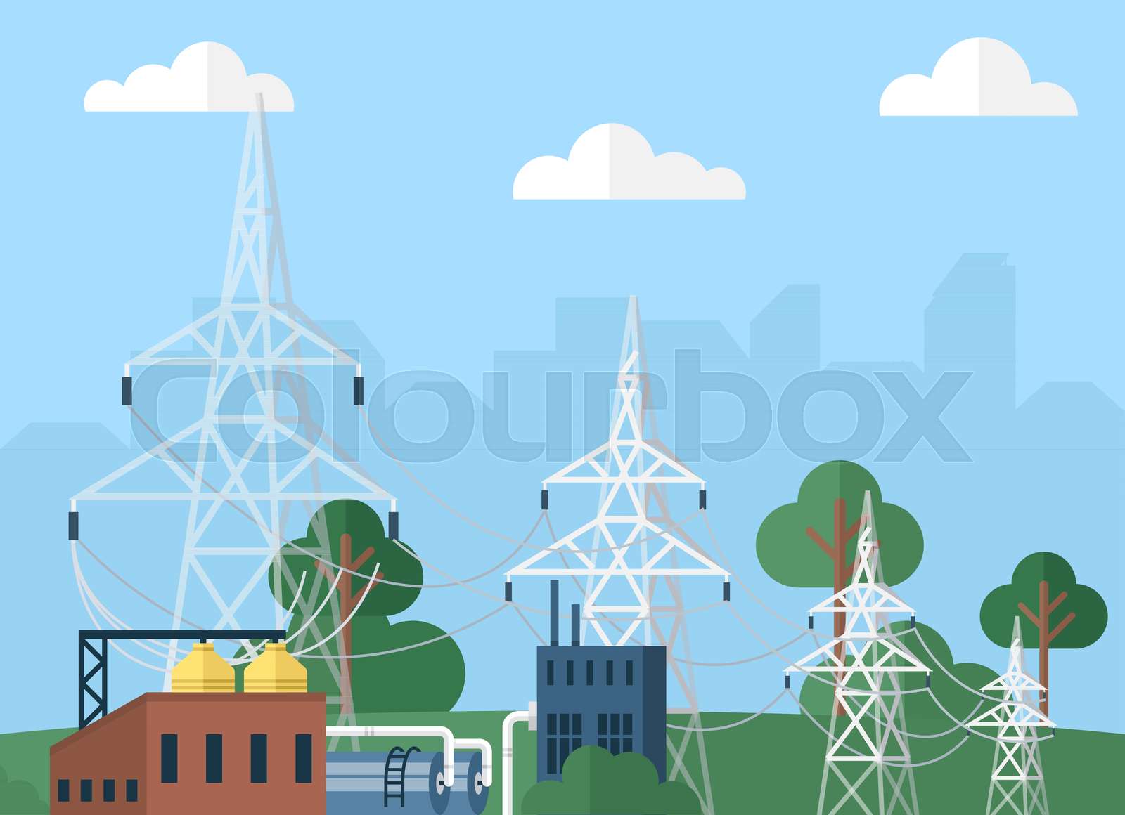 High voltage electricity distribution grid pylons. Electrical power ...