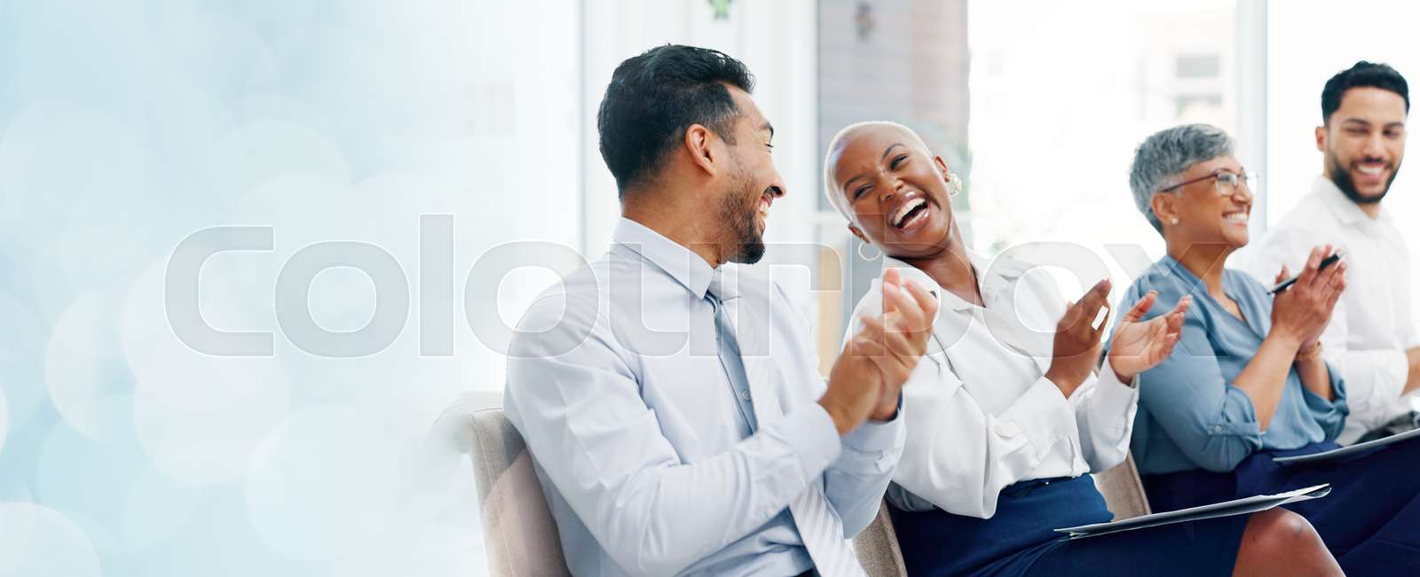 Diversity, business people and applause presentation, employee support and happiness in office ...