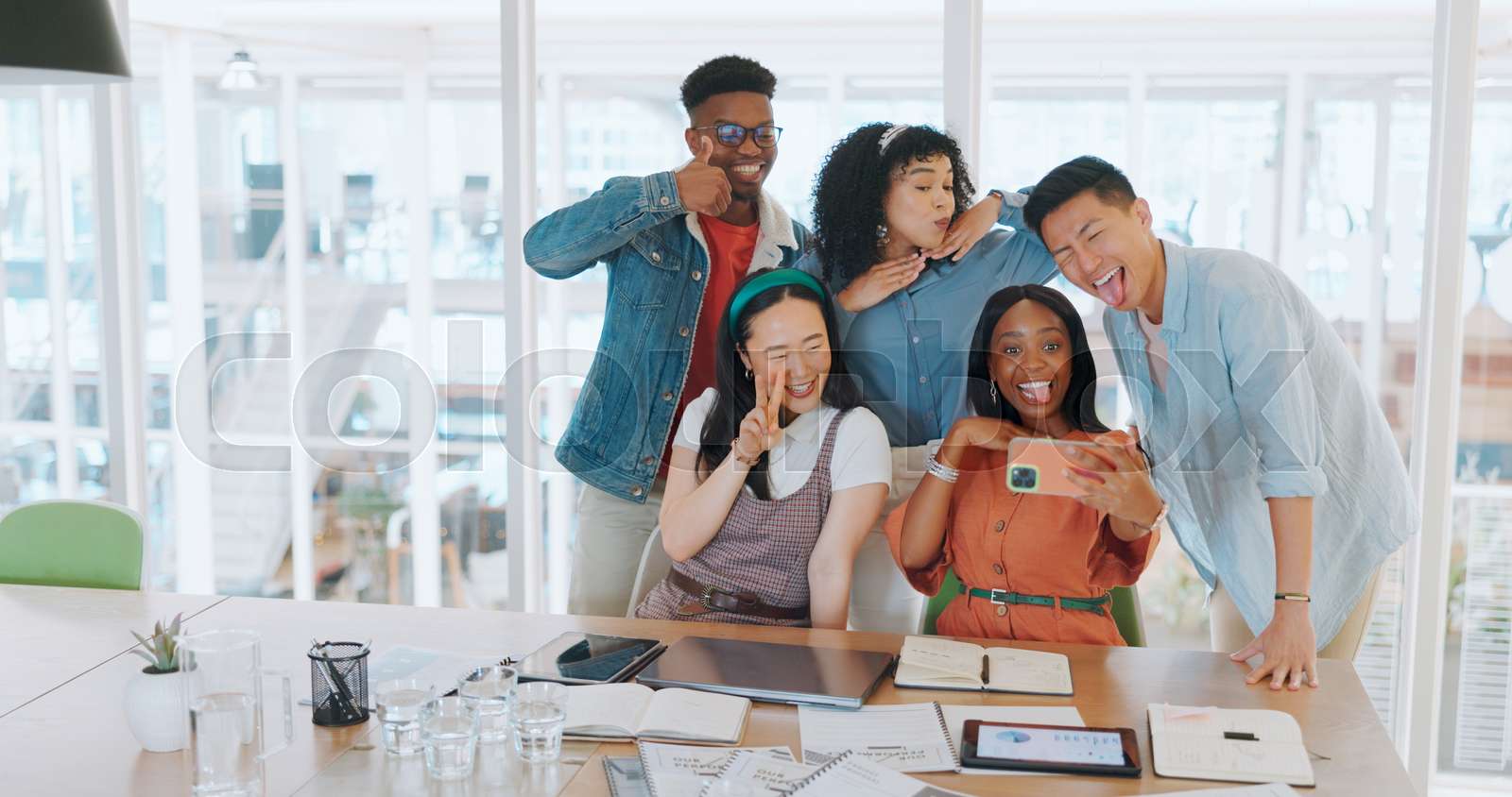 Smile, friends and selfie with business people and phone for teamwork ...