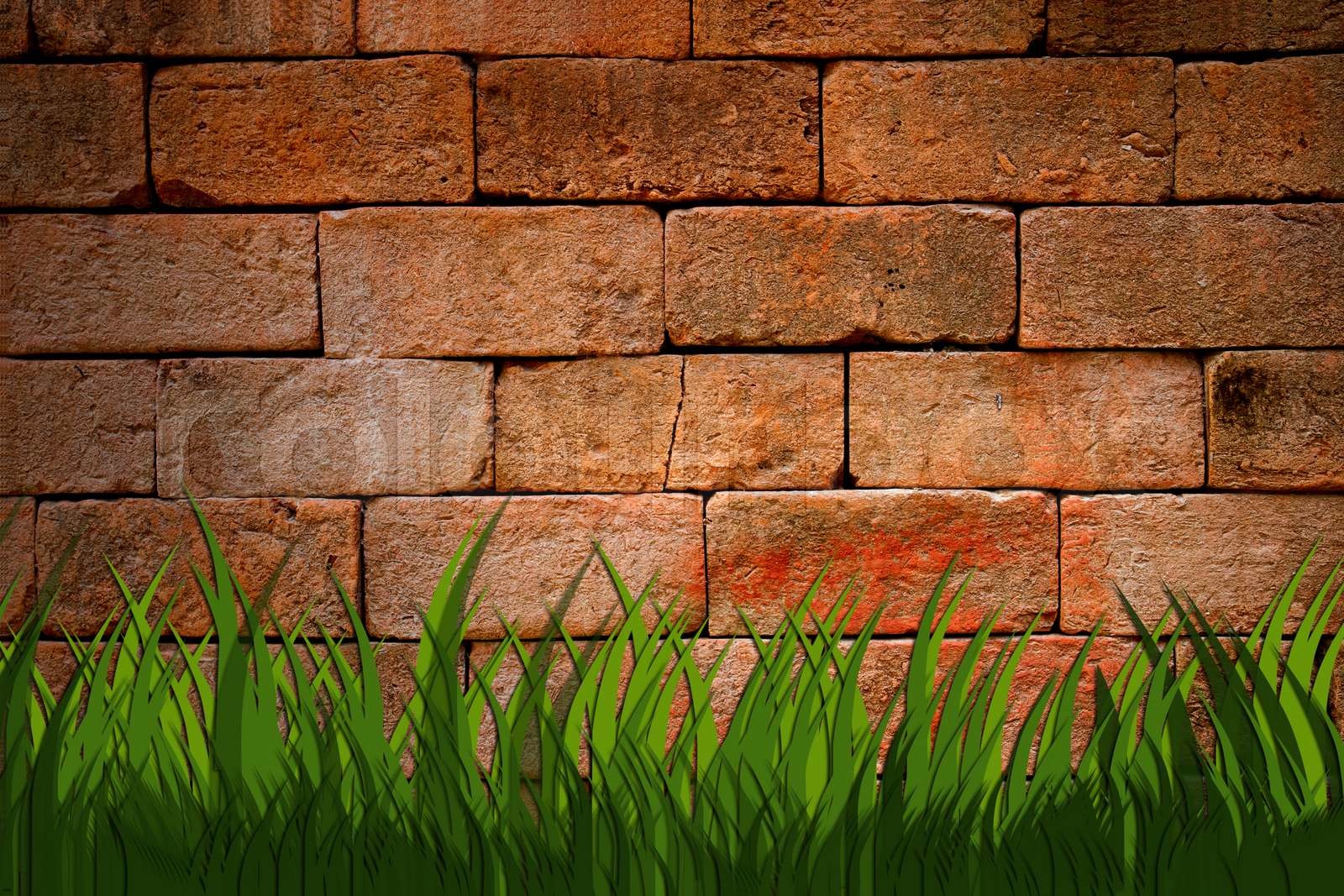Surface of grunge urban brick wall with green grass foreground | Stock ...