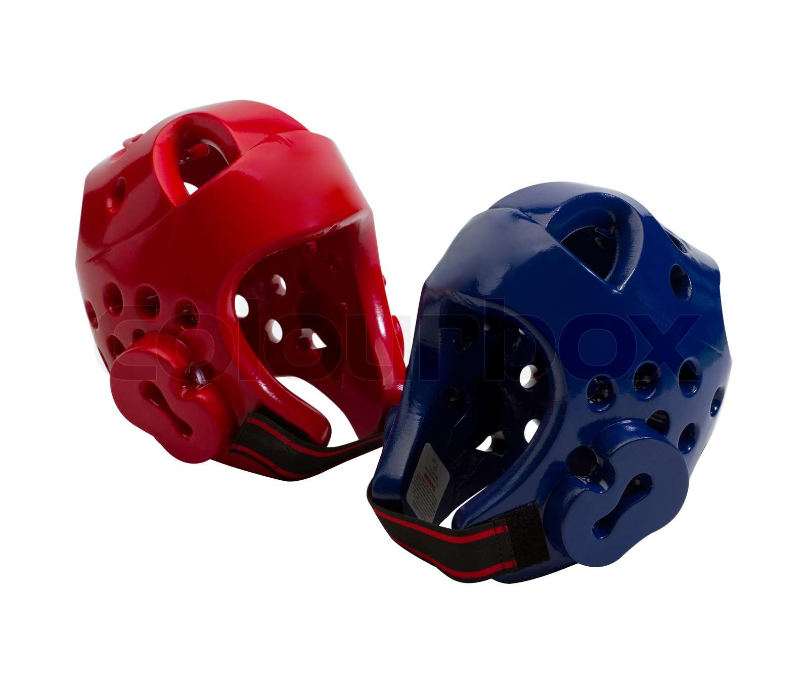 Red and blue taekwondo head guard isolated | Stock image | Colourbox