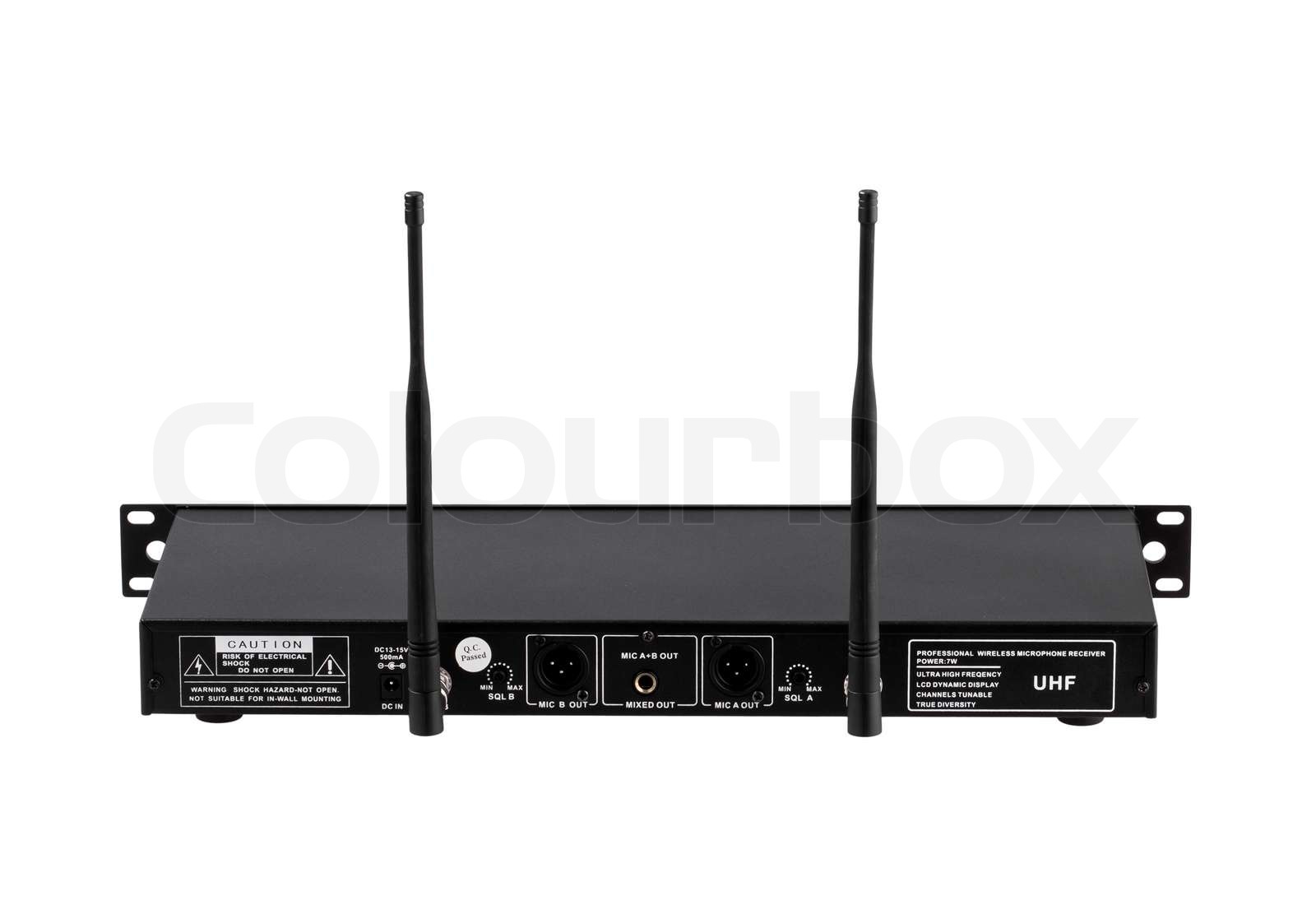 Back panel side audio amplifier with antenna isolated on white | Stock ...