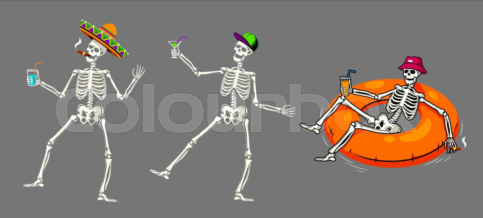Halloween skeletons relaxing, drinking cocktails | Stock vector | Colourbox