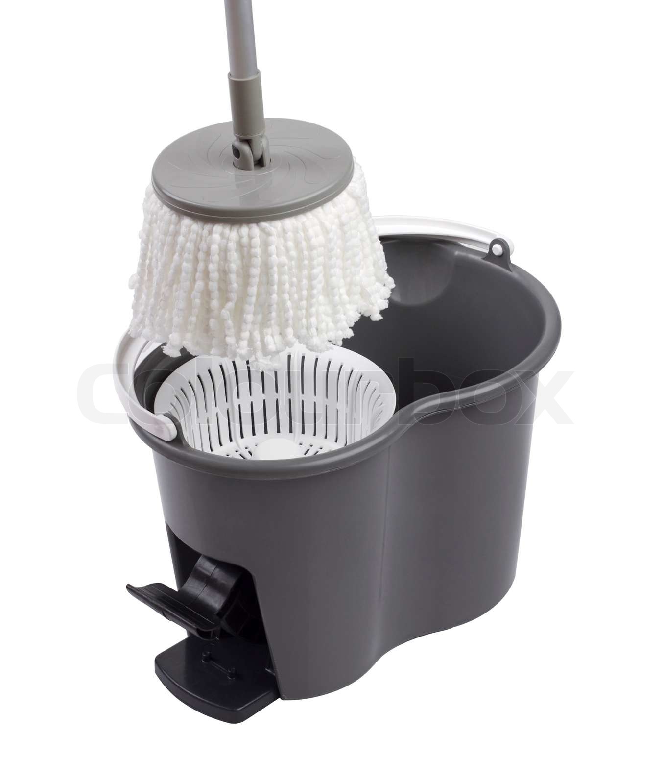 Cleaning container with mop spinning systems isolated on white ...