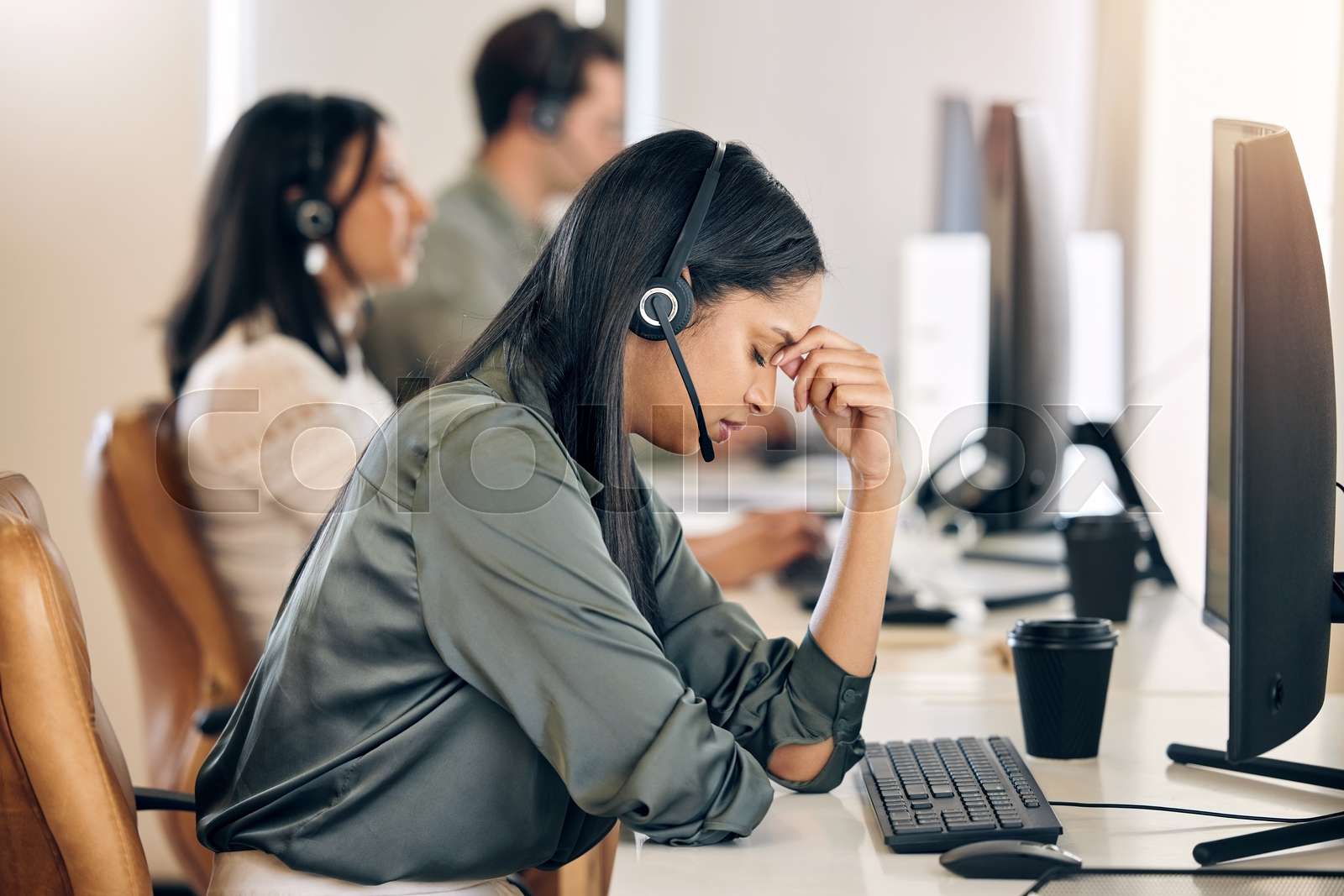 Call center, stress and woman tired at computer for customer service ...