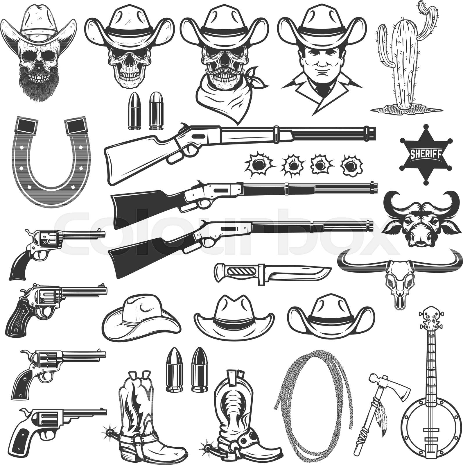 Wild West design elements. Cowboy weapon, hat, boots, lasso, cowboy ...