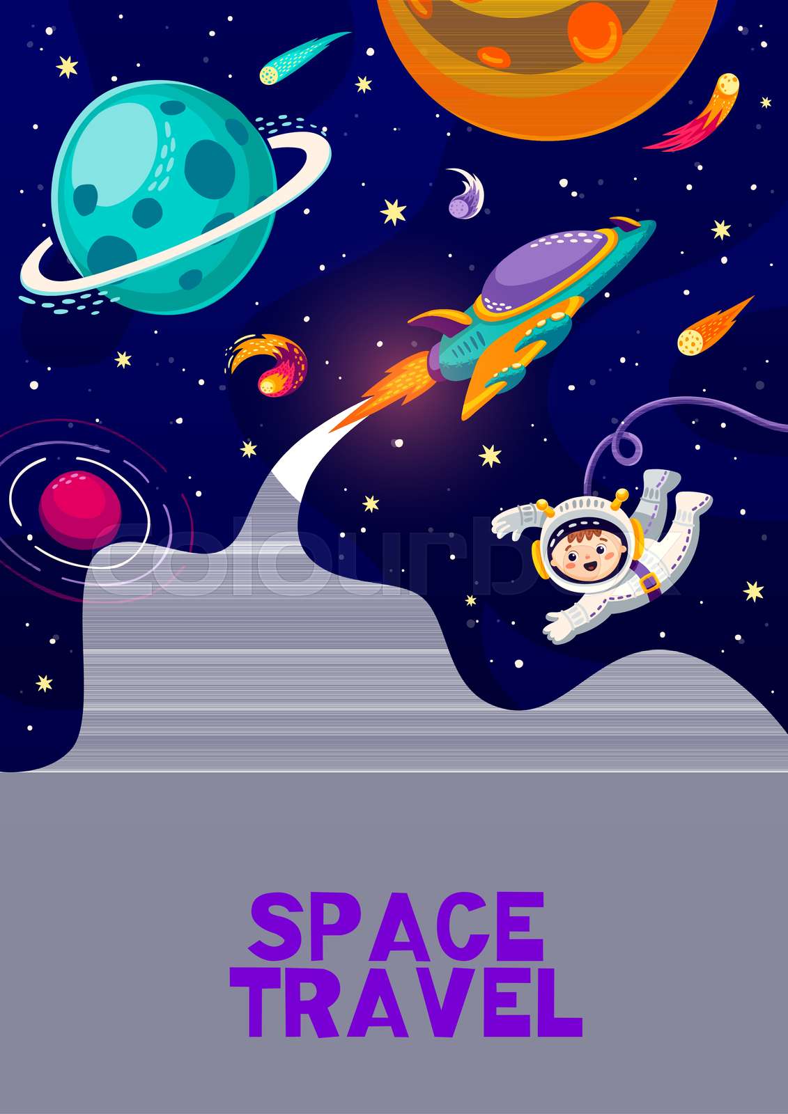 Cartoon space flyer with astronaut, galaxy planets | Stock vector ...