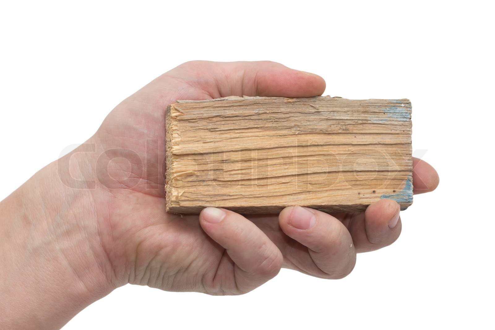 Wooden board sign on hand isolate on white | Stock image | Colourbox