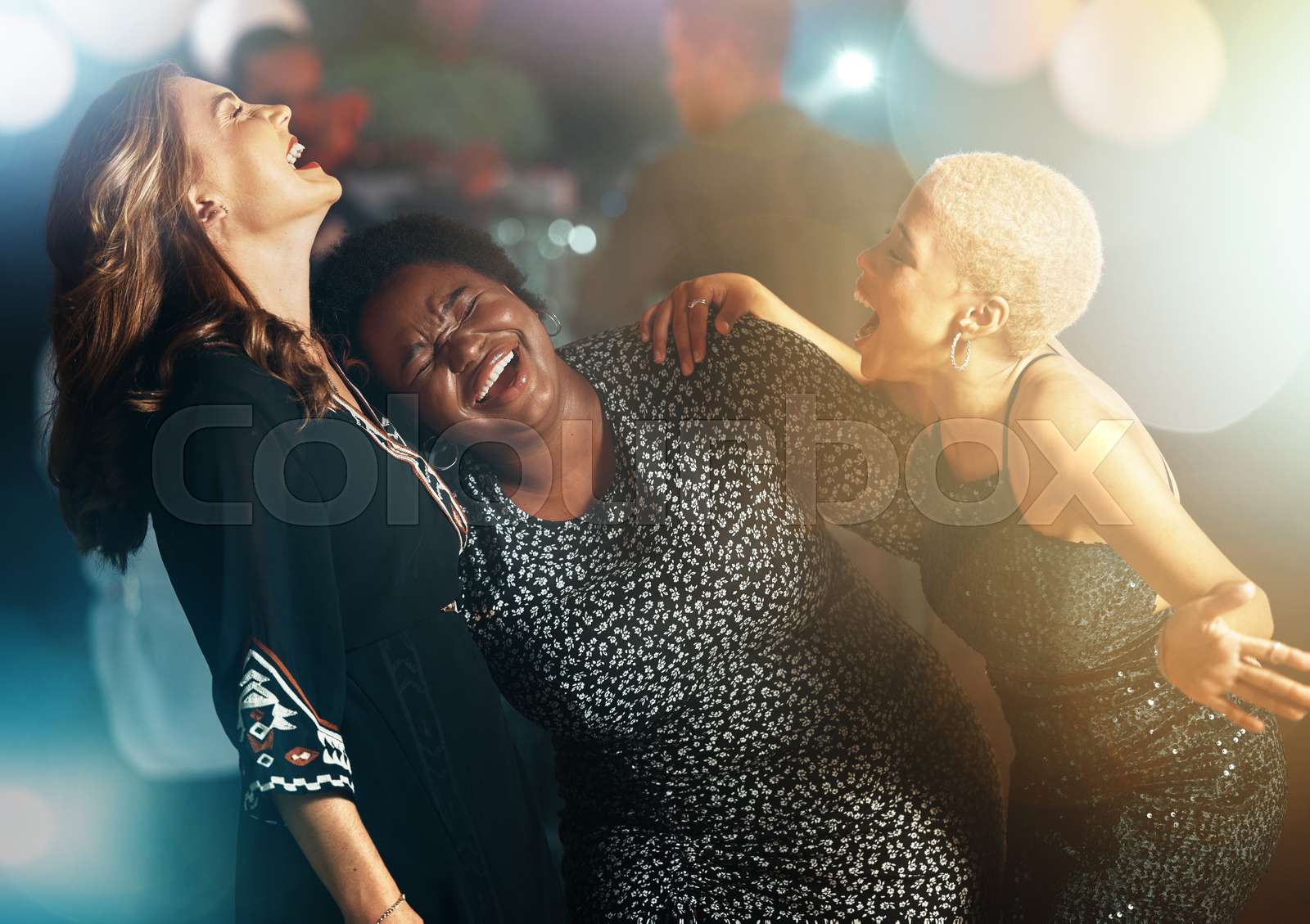 Friends, women and dance in club, happiness and laughing together ...