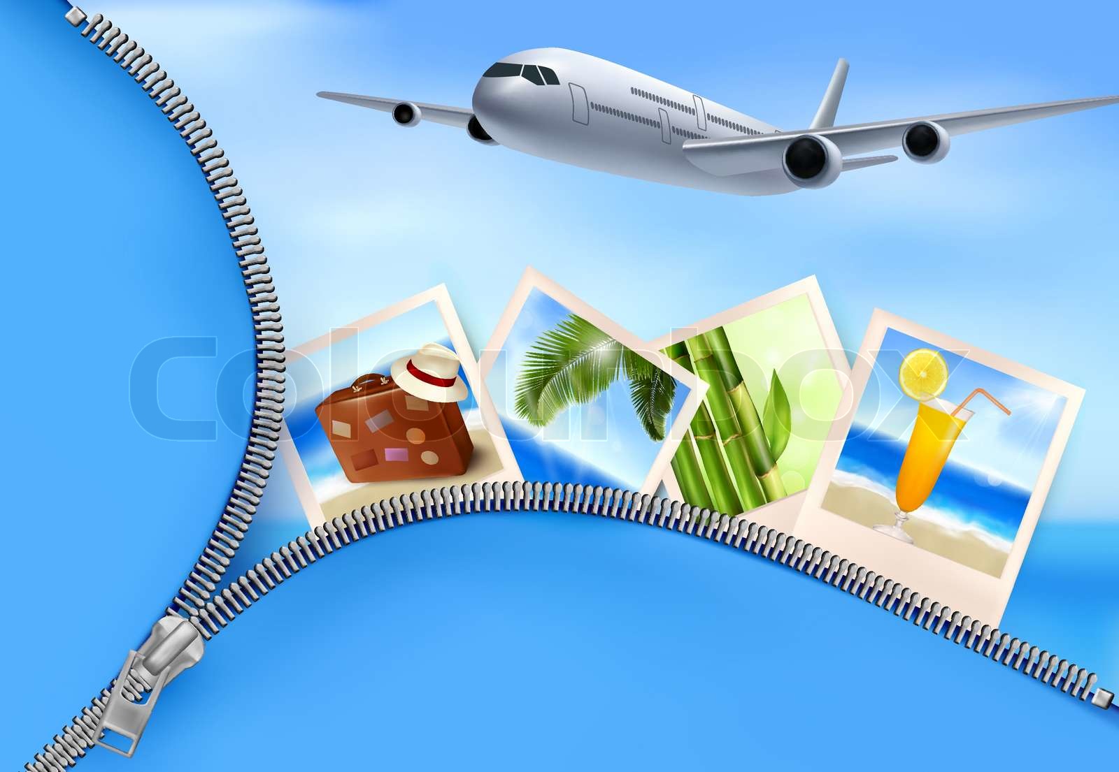 Background with airplane and with photos from holidays. Travel concept ...
