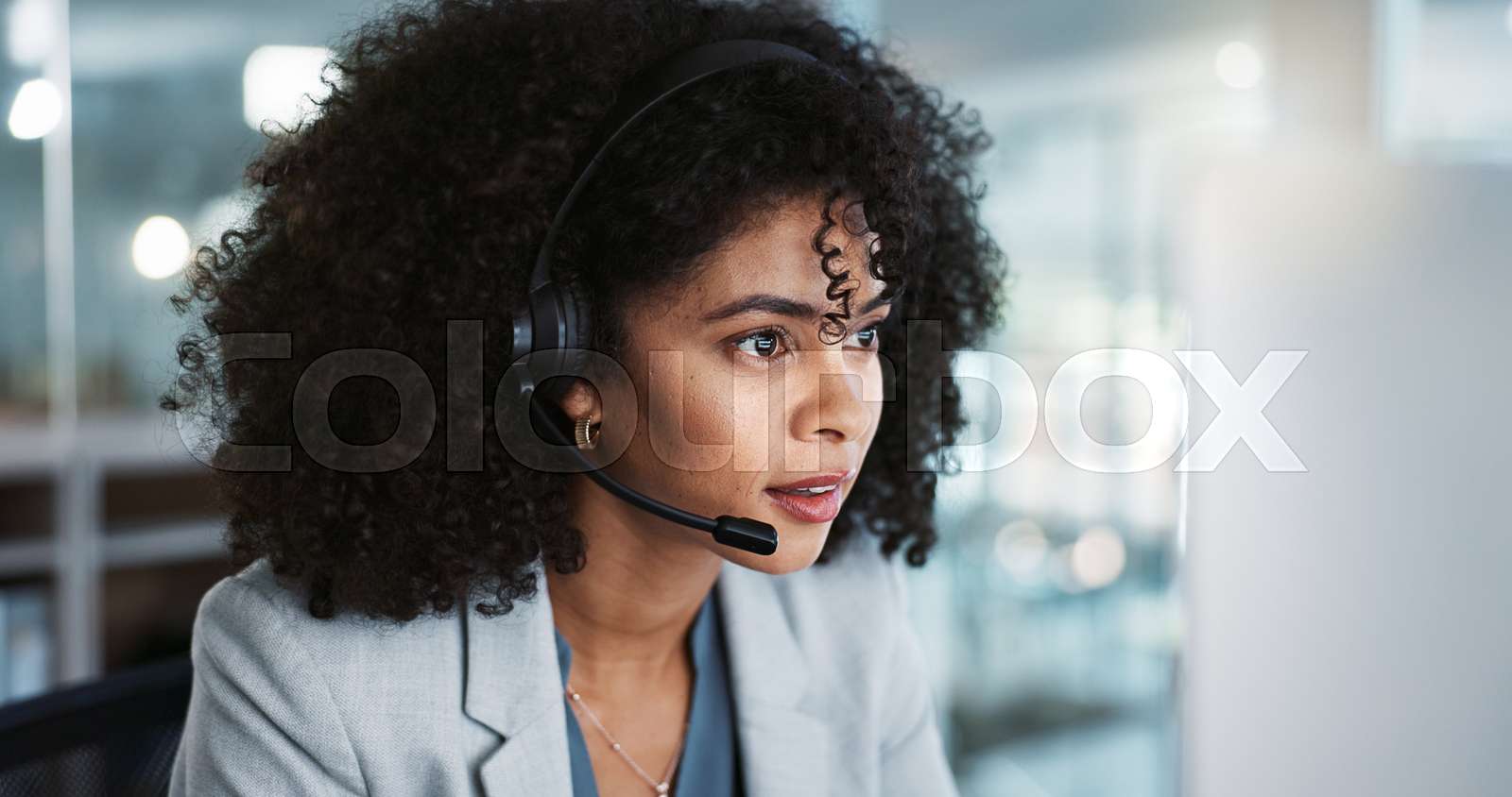 Computer, call center and funny woman in customer service, tech support and talk to contact at ...