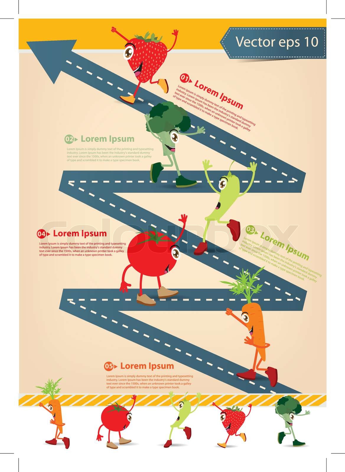 Road going up as an arrow With Cartoon Fruits | Stock vector | Colourbox