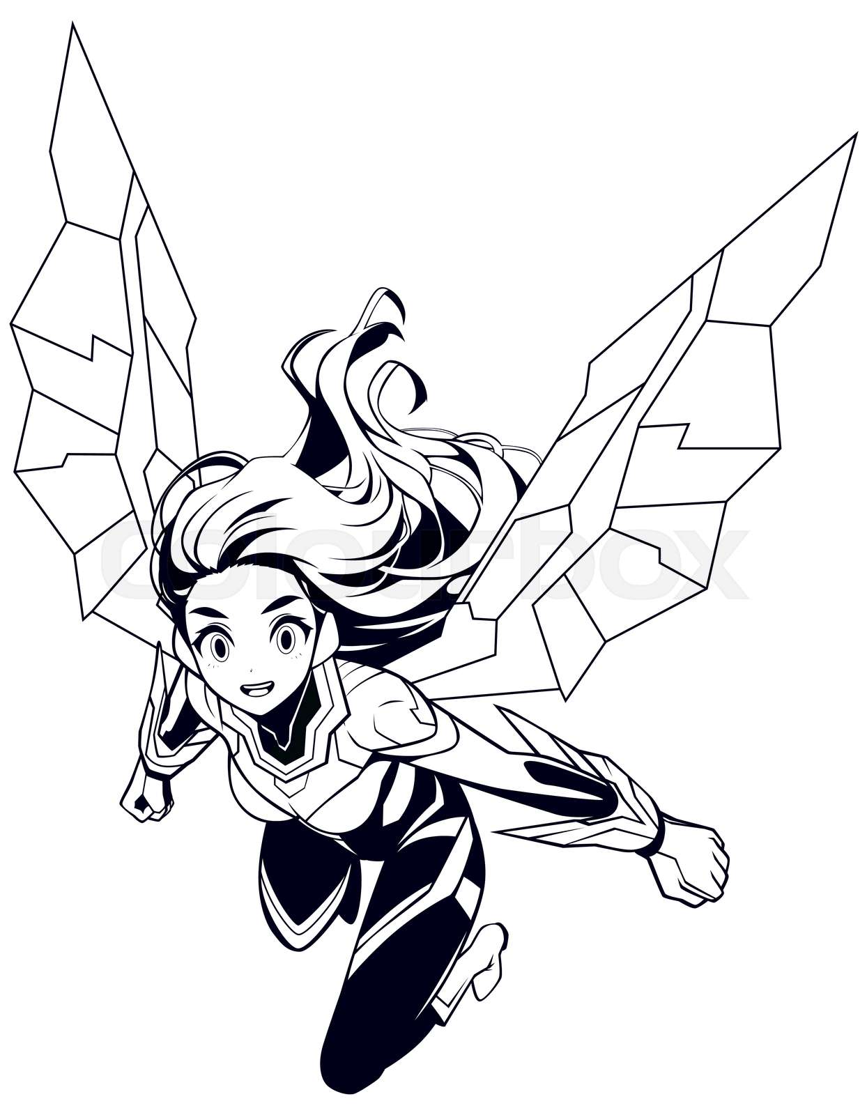 Teenage Female Manga Superhero Flying Line Art | Stock vector | Colourbox