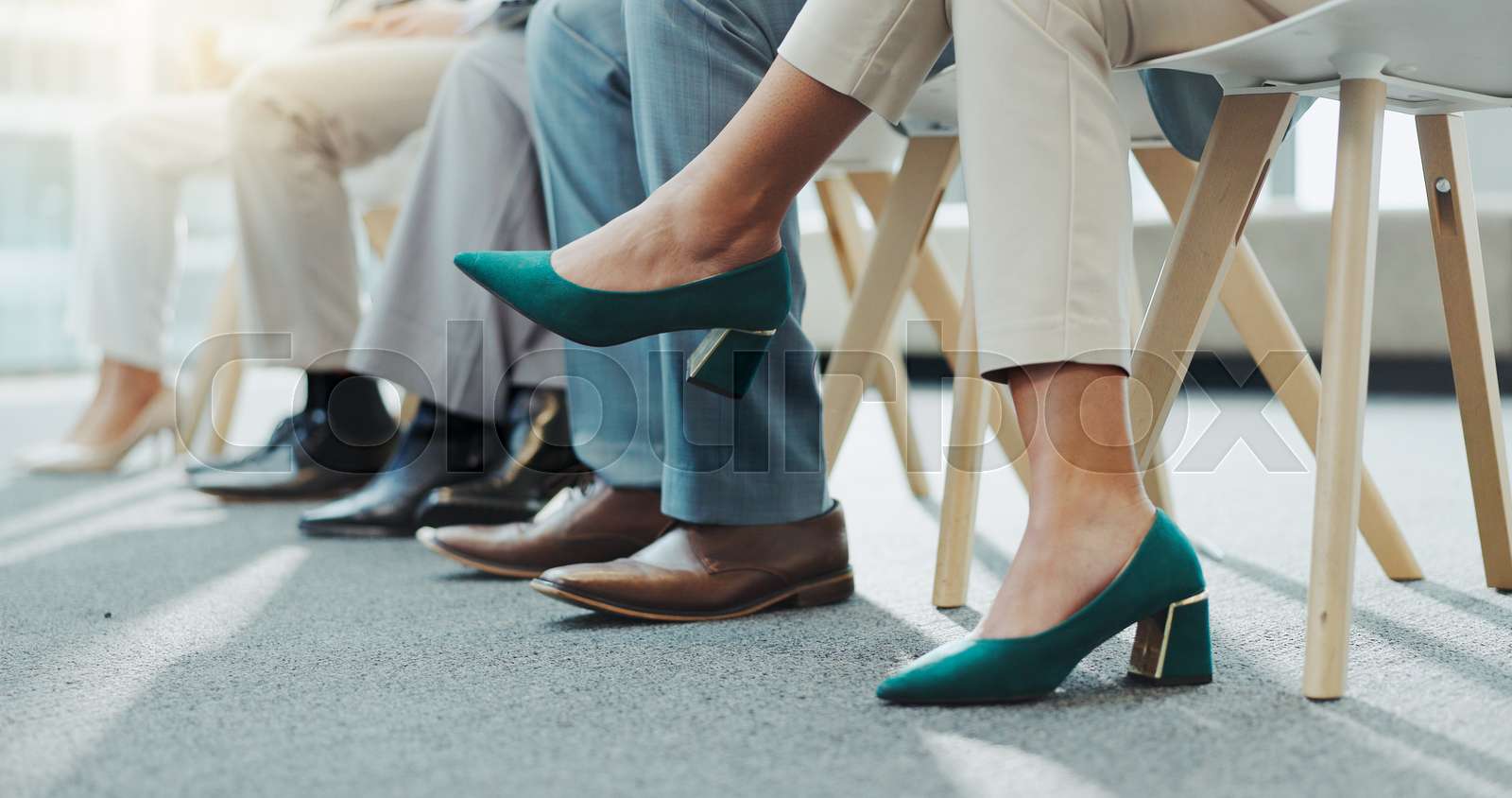 Closeup, business people and shoes with feet, job interview waiting ...