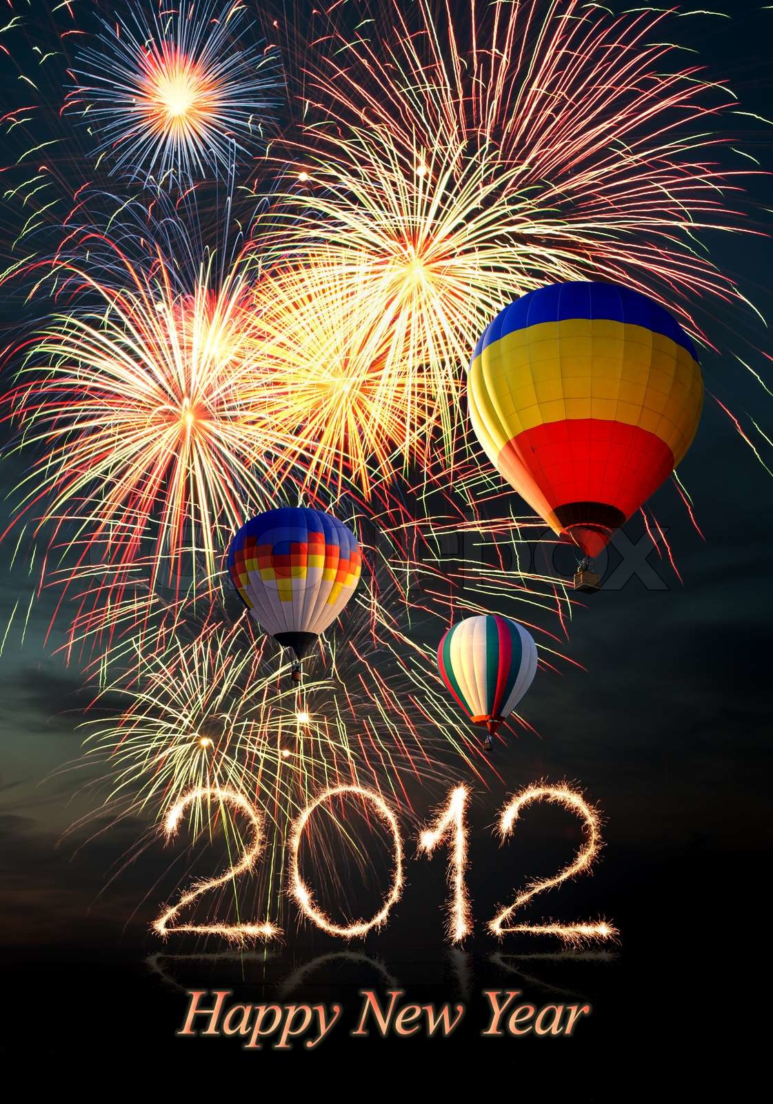 New year 2012 fireworks and hot air-balloon | Stock image | Colourbox
