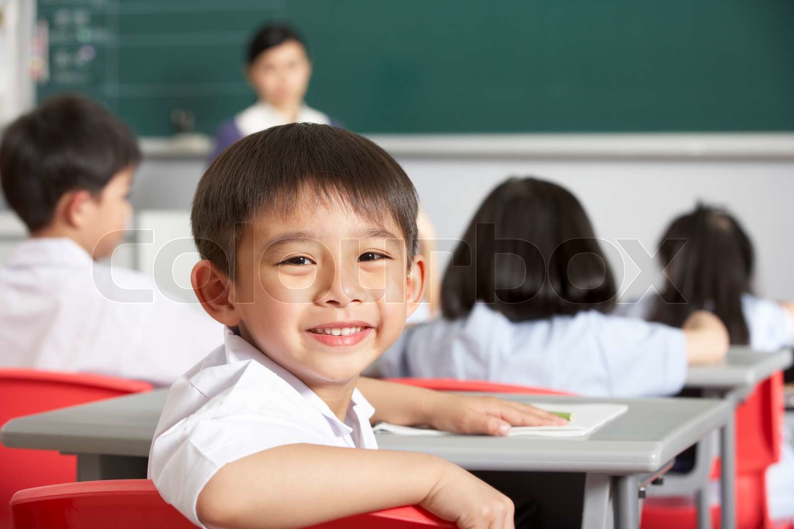 Portræt af mandlige elev arbejder på Skranke kinesisk skole ...