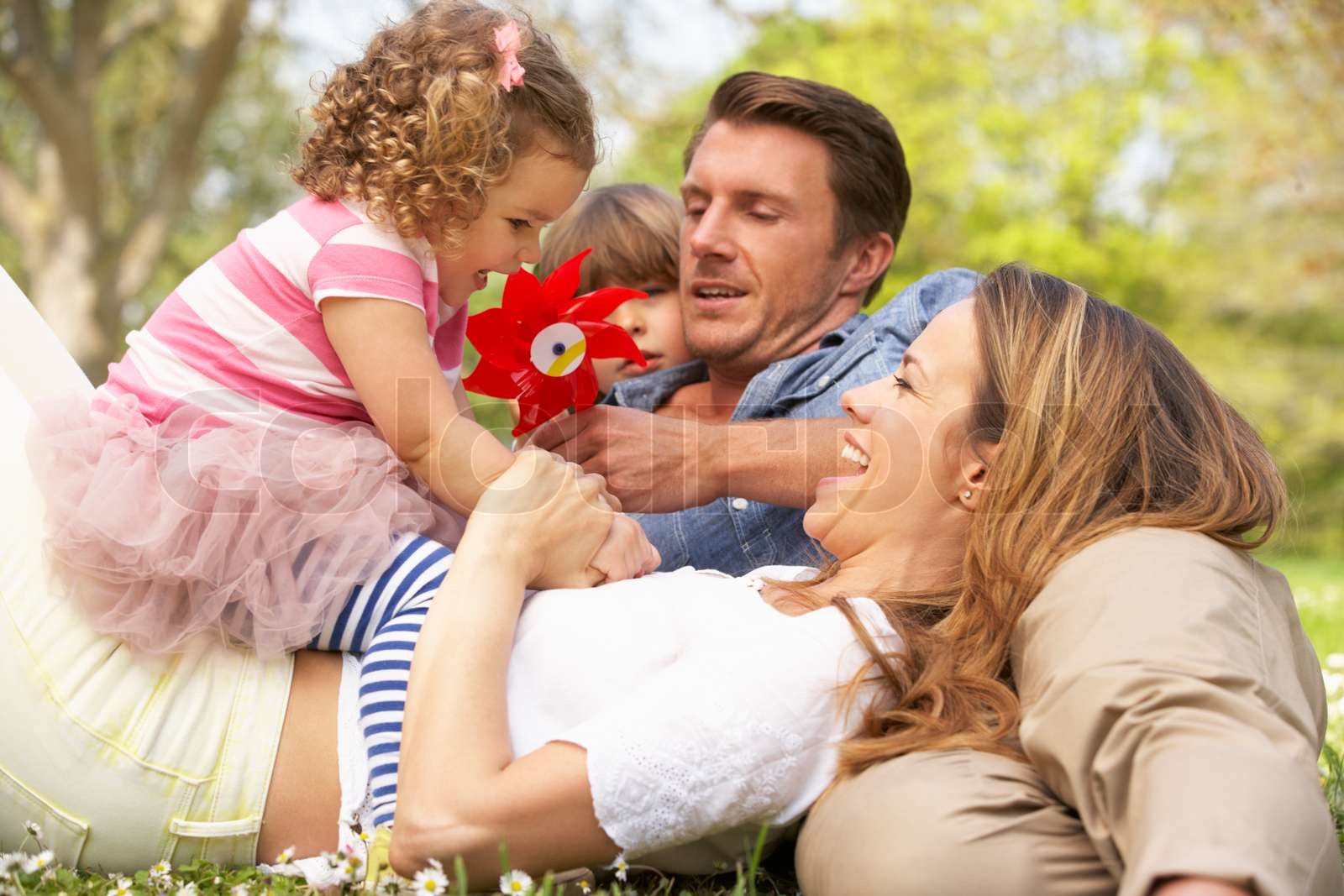 Eltern sitzen mit Kindern im Bereich der Summer Flowers | Stock Bild ...