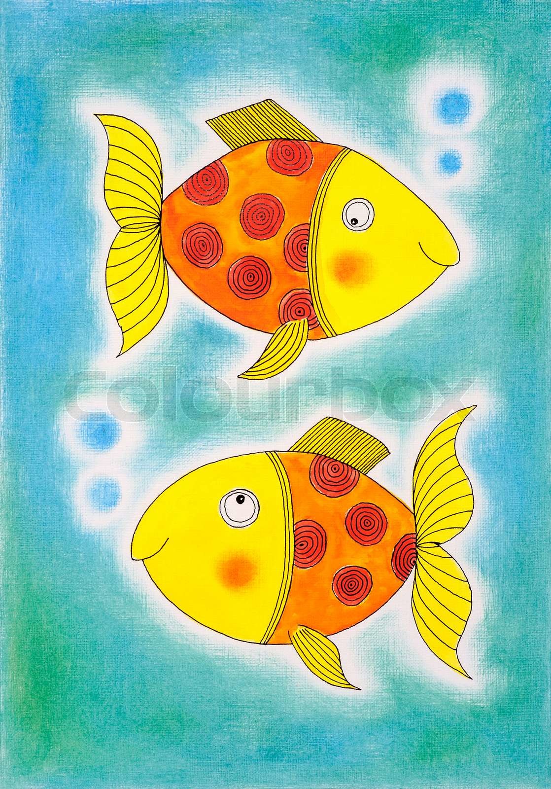 Two golden fish, child's drawing, watercolor painting on paper | Stock ...