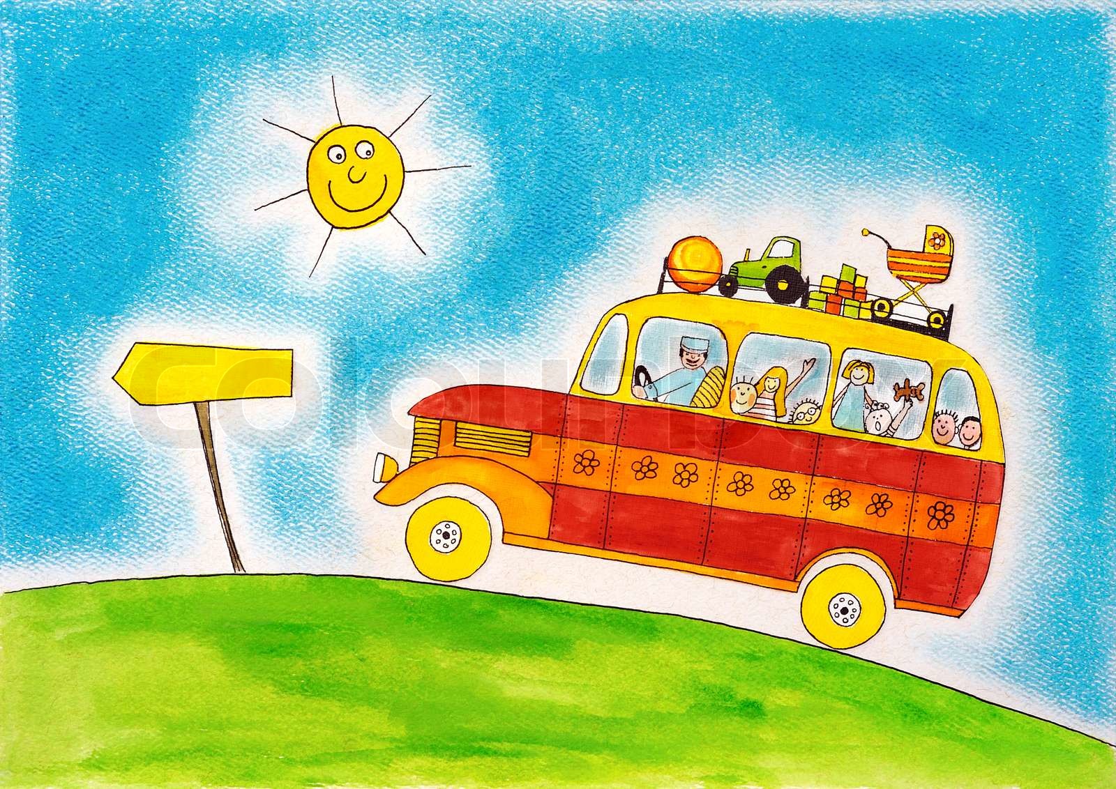 School bus trip, child's drawing, watercolor painting on paper | Stock ...