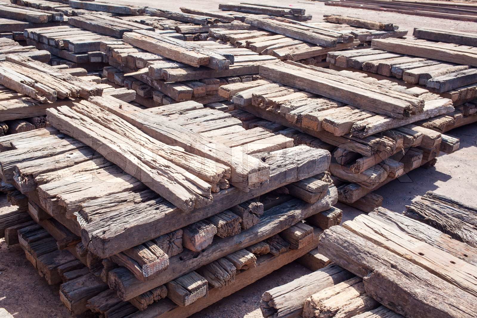 stack of chock wood for train, construction site | Stock image | Colourbox