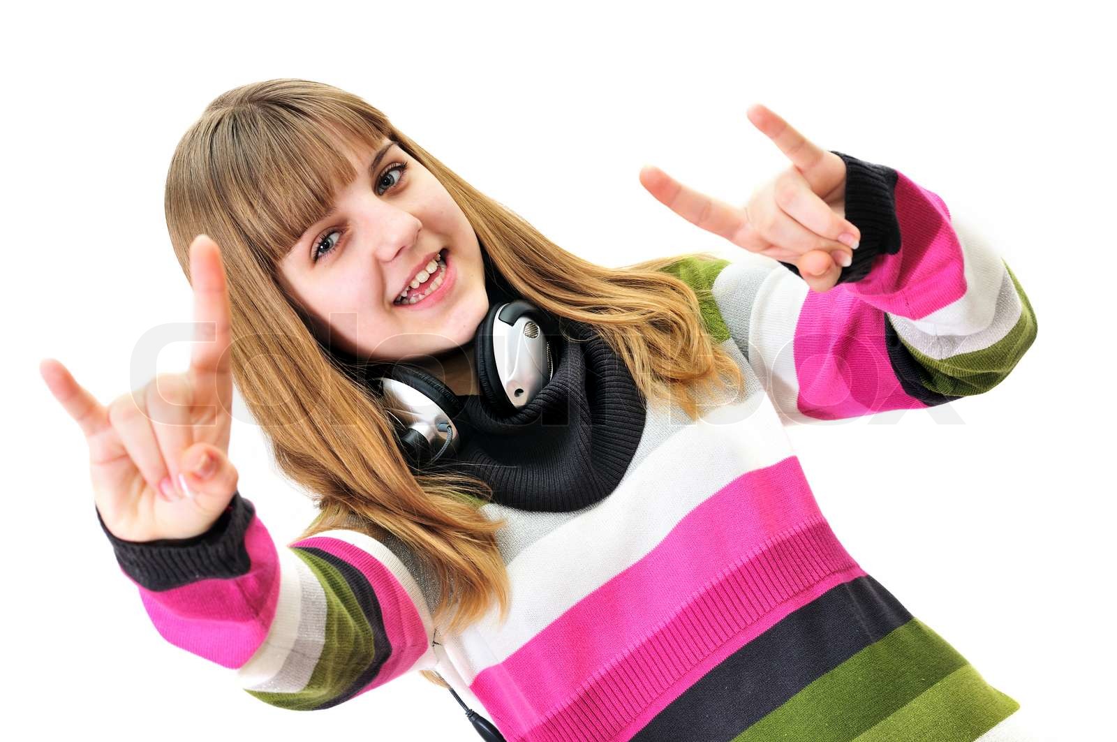 teen girl rock out over the white | Stock image | Colourbox